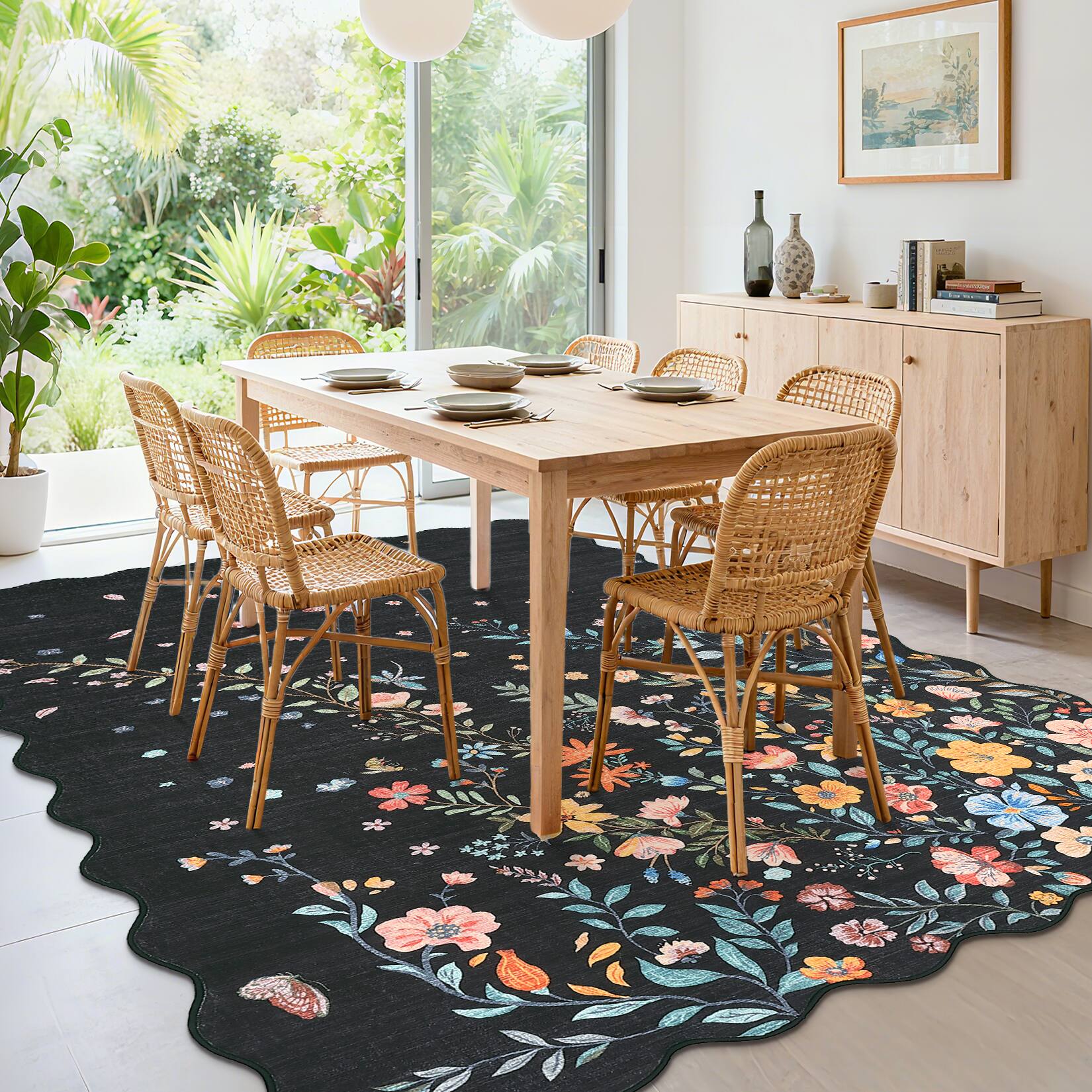Jojoka Pastoral Garden Rug Enchanted Floral & Insect Print Washable ...