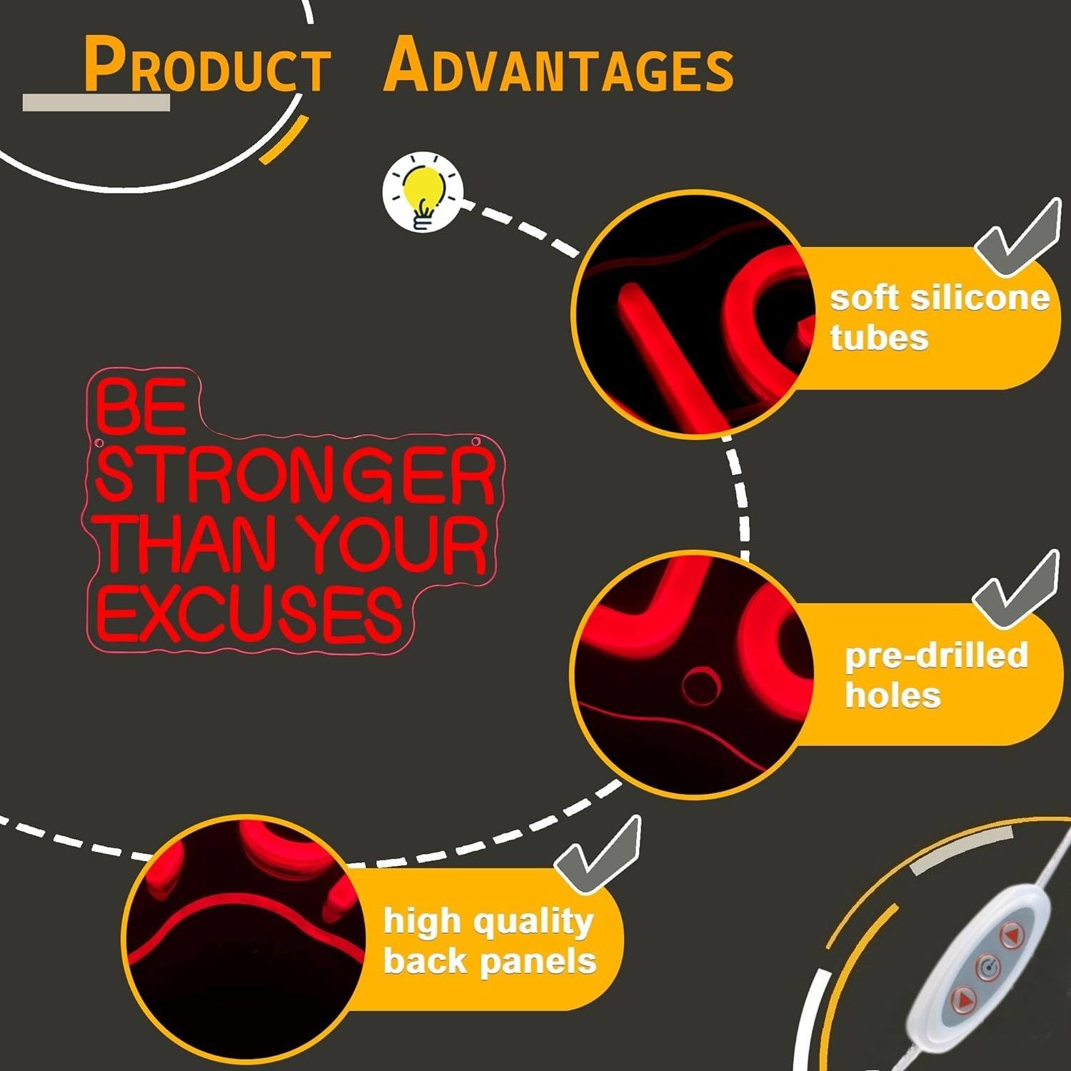 Auledio Allball Be Stronger Than Your Excuses Neon Sign, Gym Neon Light ...