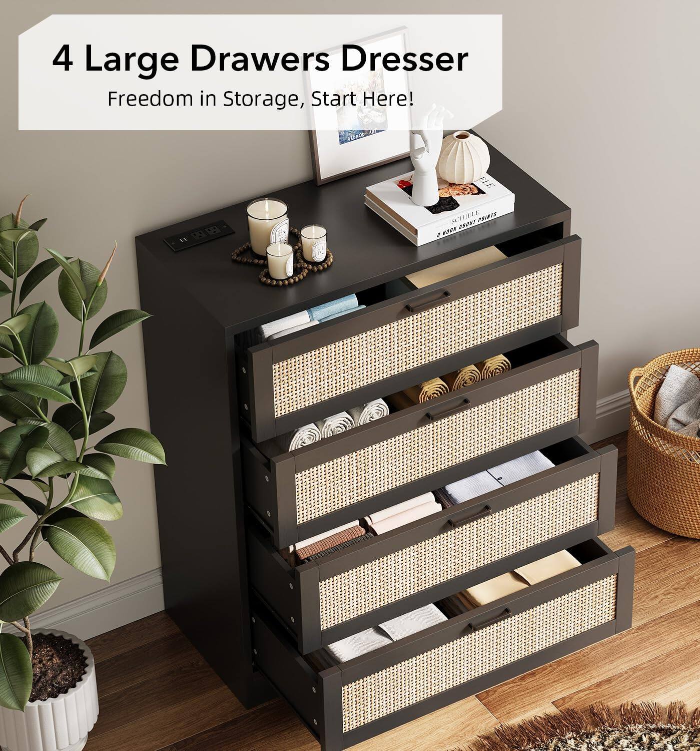GARVEE Tall 4 Drawer Rattan Dresser, Modern Storage Chest, Wood Top ...