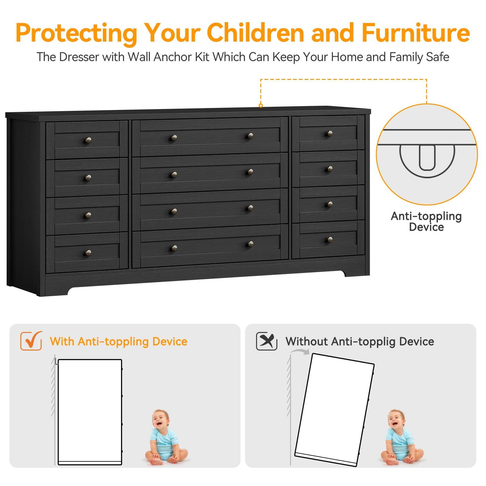 Jojoka 12 Drawer Dresser for Bedroom, Modern Wood Chest with Wide Top ...