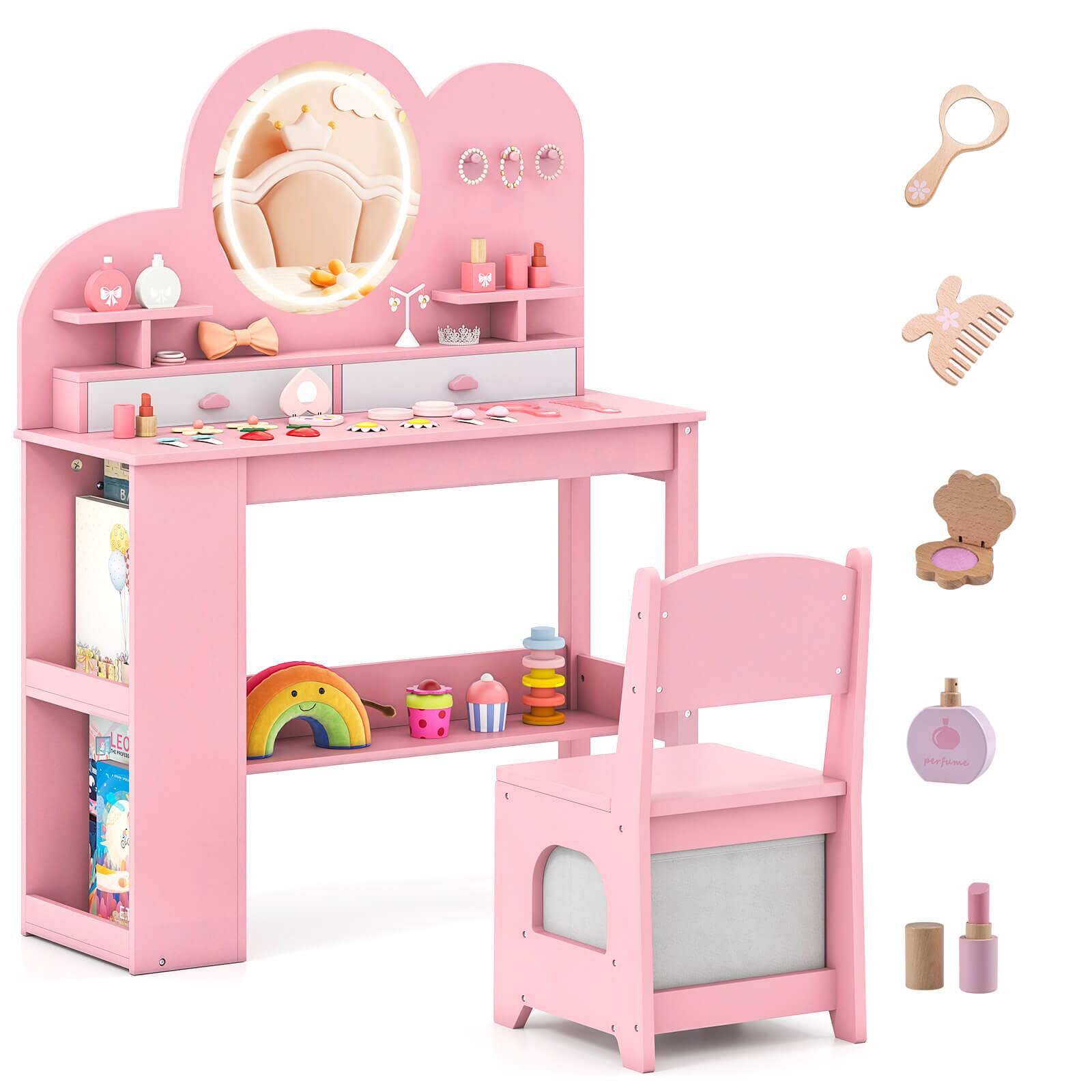 Costway Kids Vanity with Lights, 2 Drawers & 2 Tier Bookshelf, 3 Hooks ...