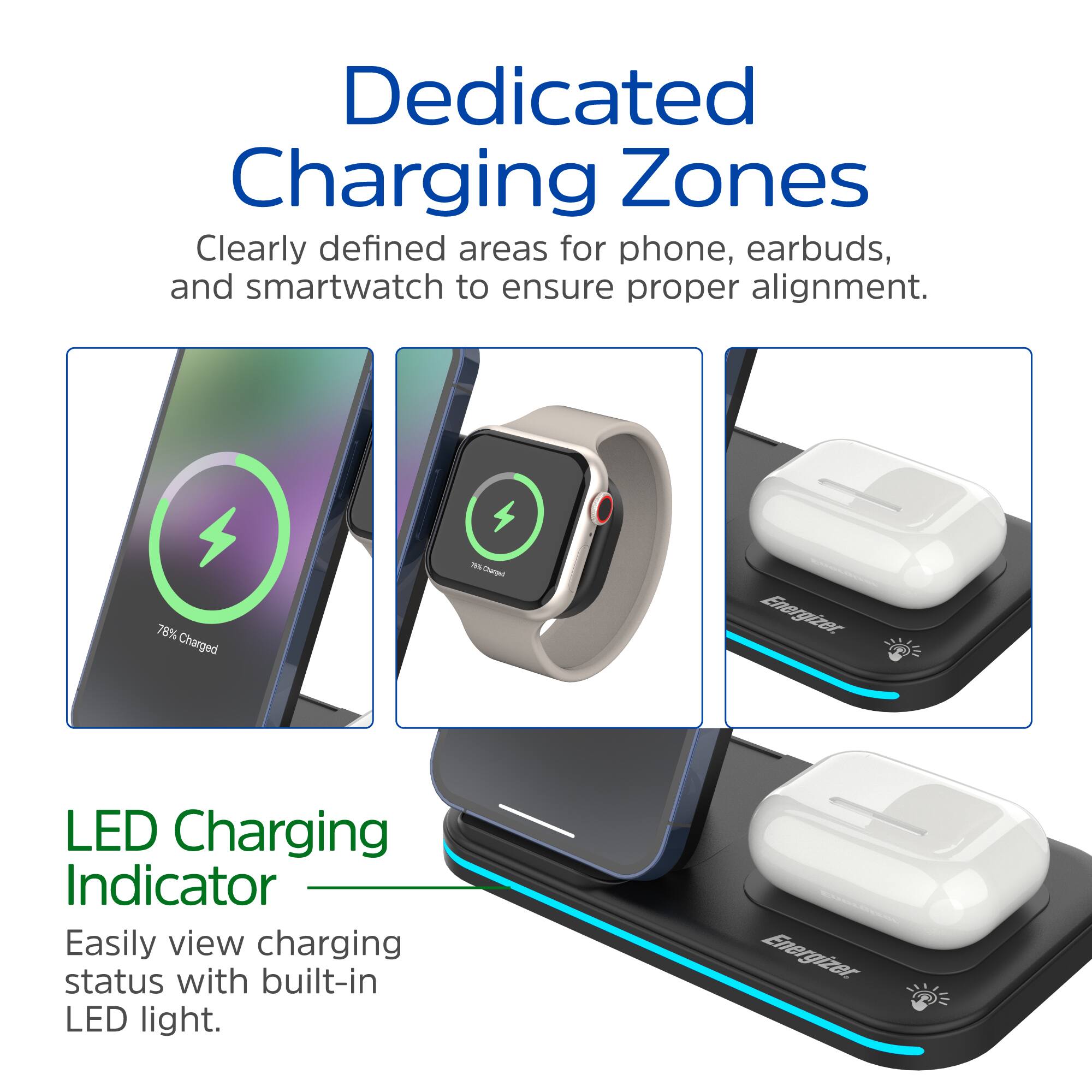 Energizer 3 in 1 15W Foldable Qi Certified Wireless Fast 15W Charger, Charging Station/Stand for ...