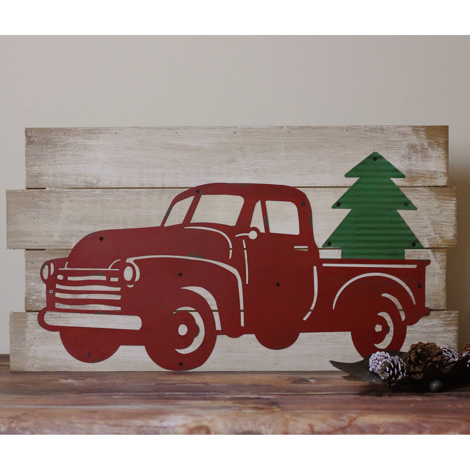 Raz 28" Rustic Wood and Metal Red Truck Carrying Tree Wall Art Green ...