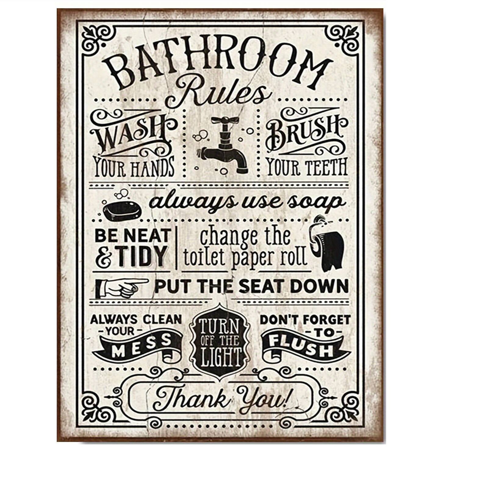 blue 1 piece canvas painting with wooden frame, vintage bathroom rules ...