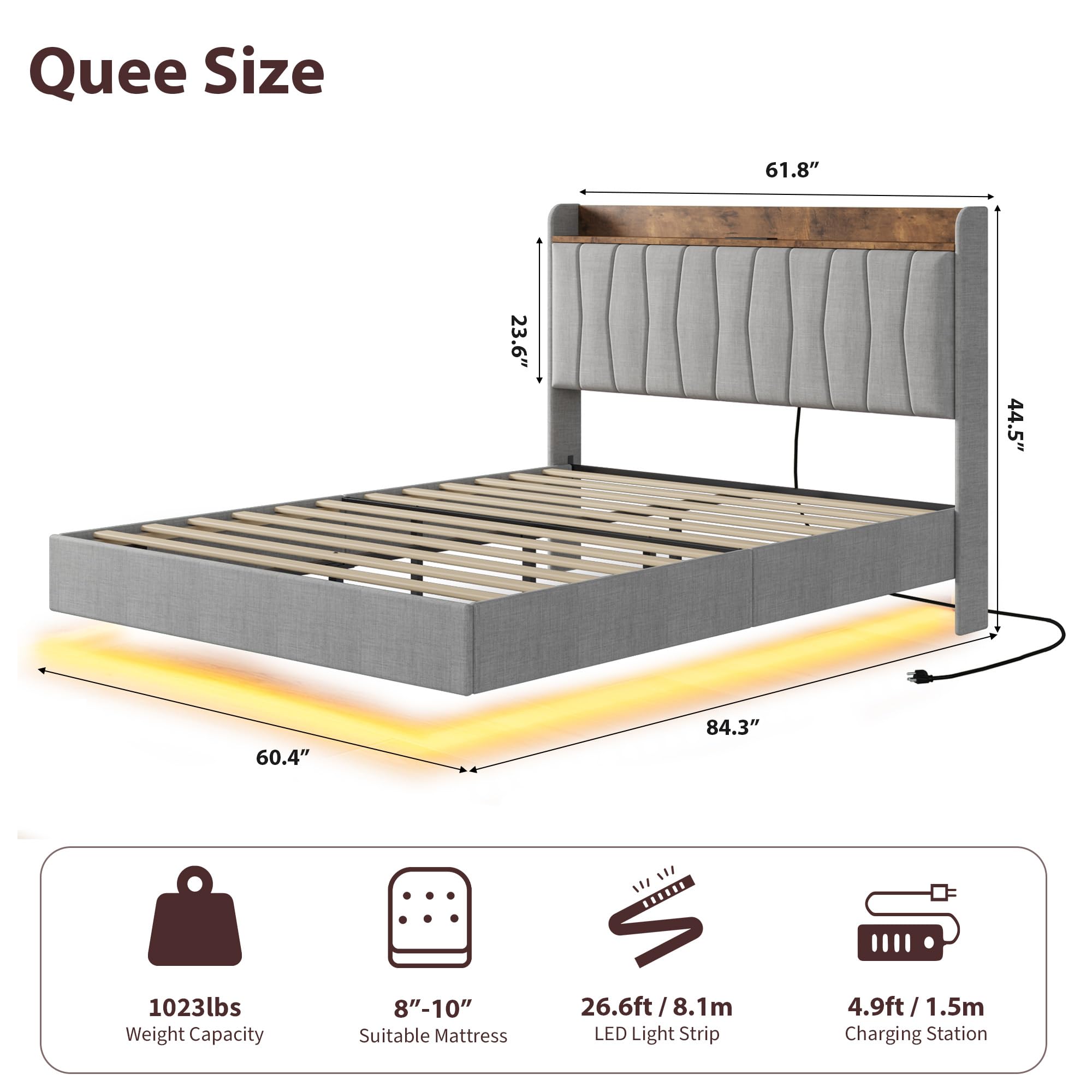 Homhougo Floating Bed Frame Queen with LED Lights & USB Charging ...