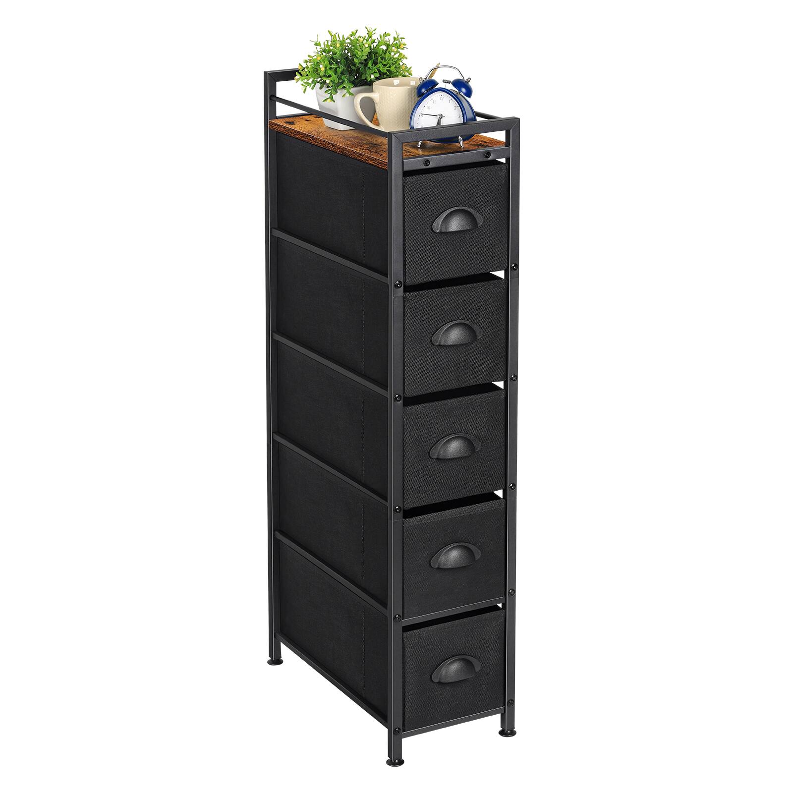 Oumilen Narrow 5 Drawer Fabric Storage Tower with Wood Top, White Black ...