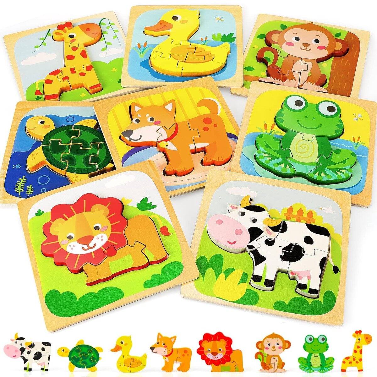 Auledio 8 piece wooden puzzle set for children, Montessori toys, animal ...
