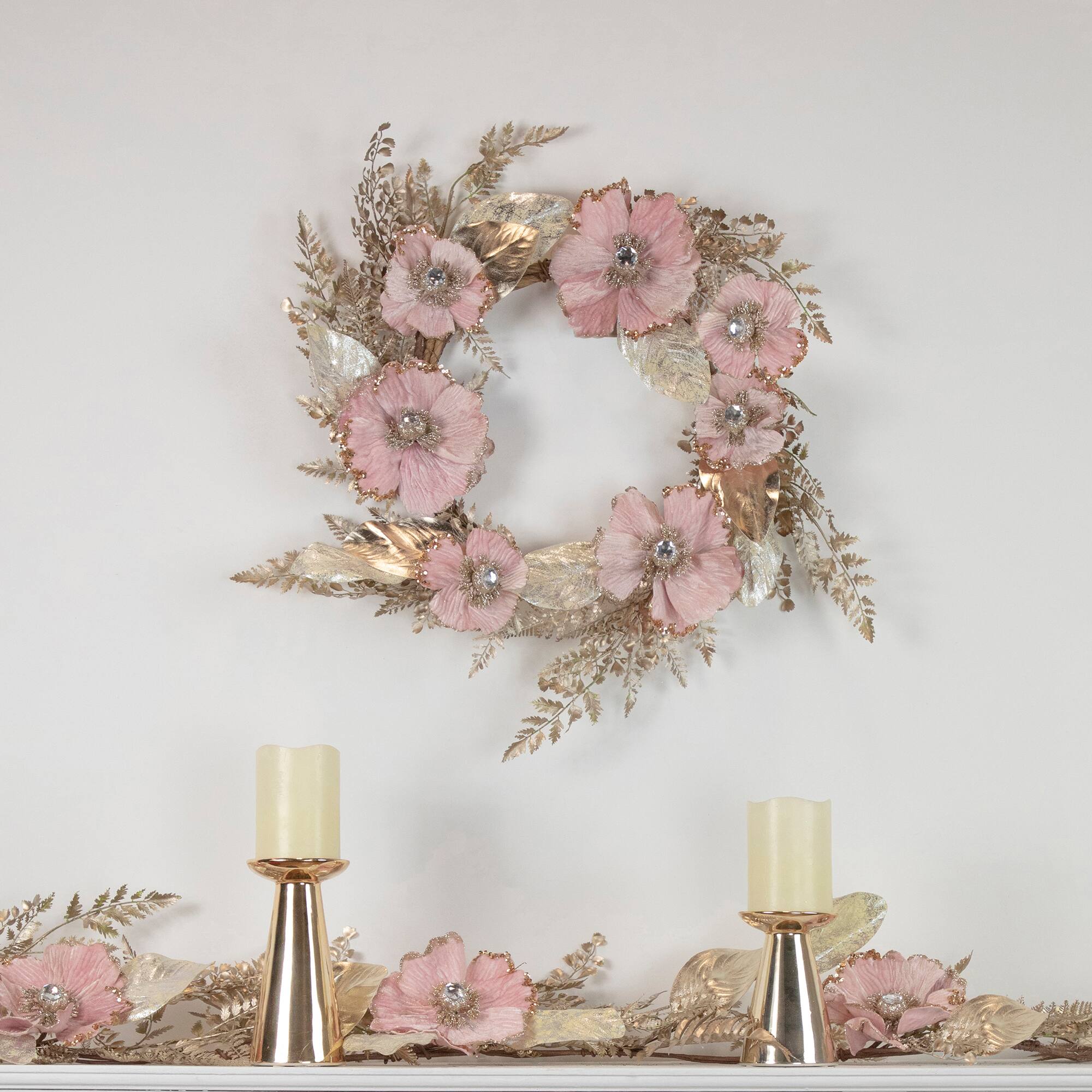 Northlight Poppy and Fern Artificial Christmas Garland 5' x 10" Champagne and Pink Gold 34865295 ...