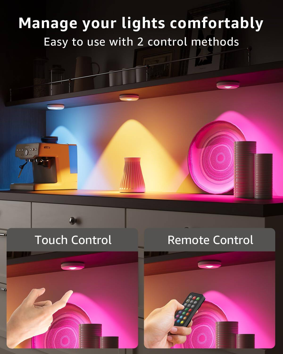 COTTAGE Rechargeable Rgb Puck Lights With Remote 2400mah Touch Light ...