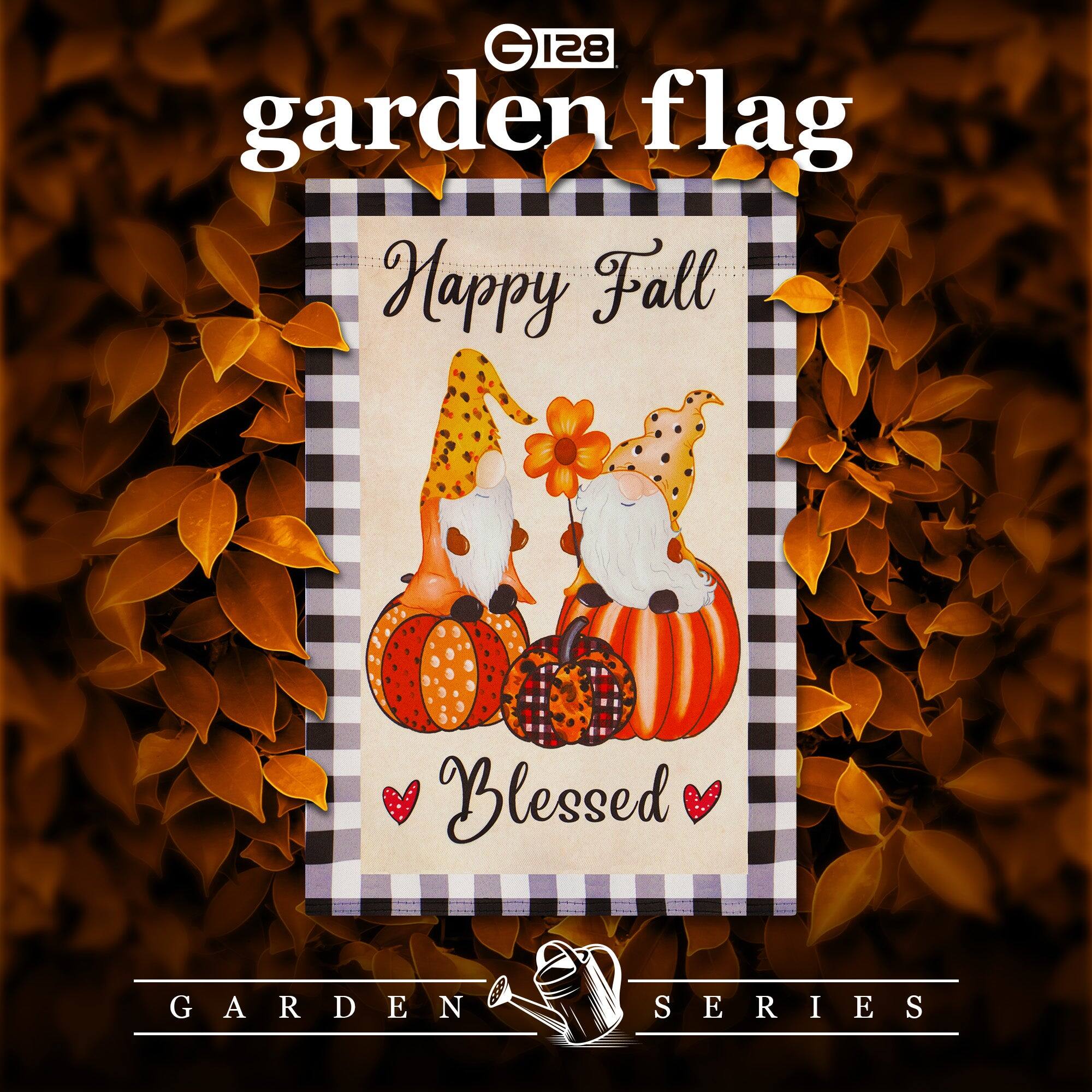 G128 Garden Flag Happy Fall Blessed Two Gnomes on Pumpkins 12 x 18 inch ...