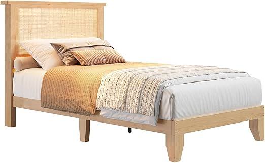 GARVEE Twin Rattan Bed Frame Bohemian Style with Natural Headboard and ...