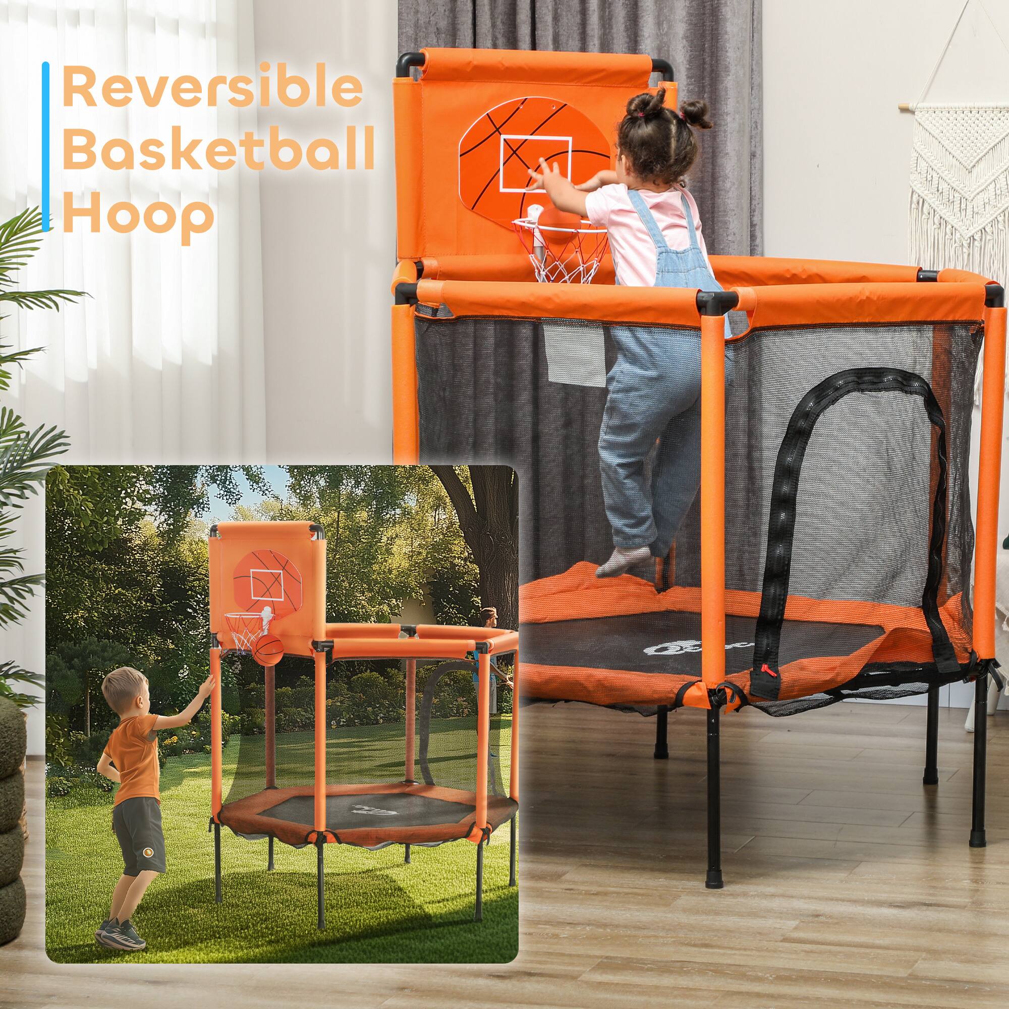 Qaba 48" Trampoline, Enclosure Net, Basketball Hoop, Mini Indoor ...