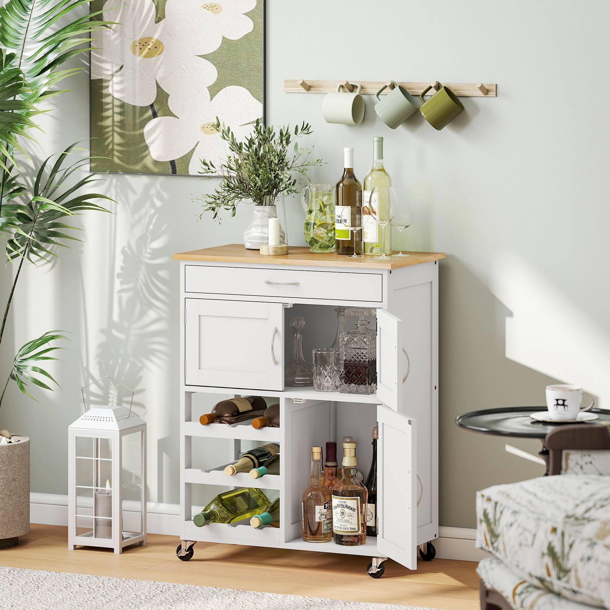 Homcom Bar Cart Rolling Kitchen Island on Wheels with 9 Bottle Wine ...