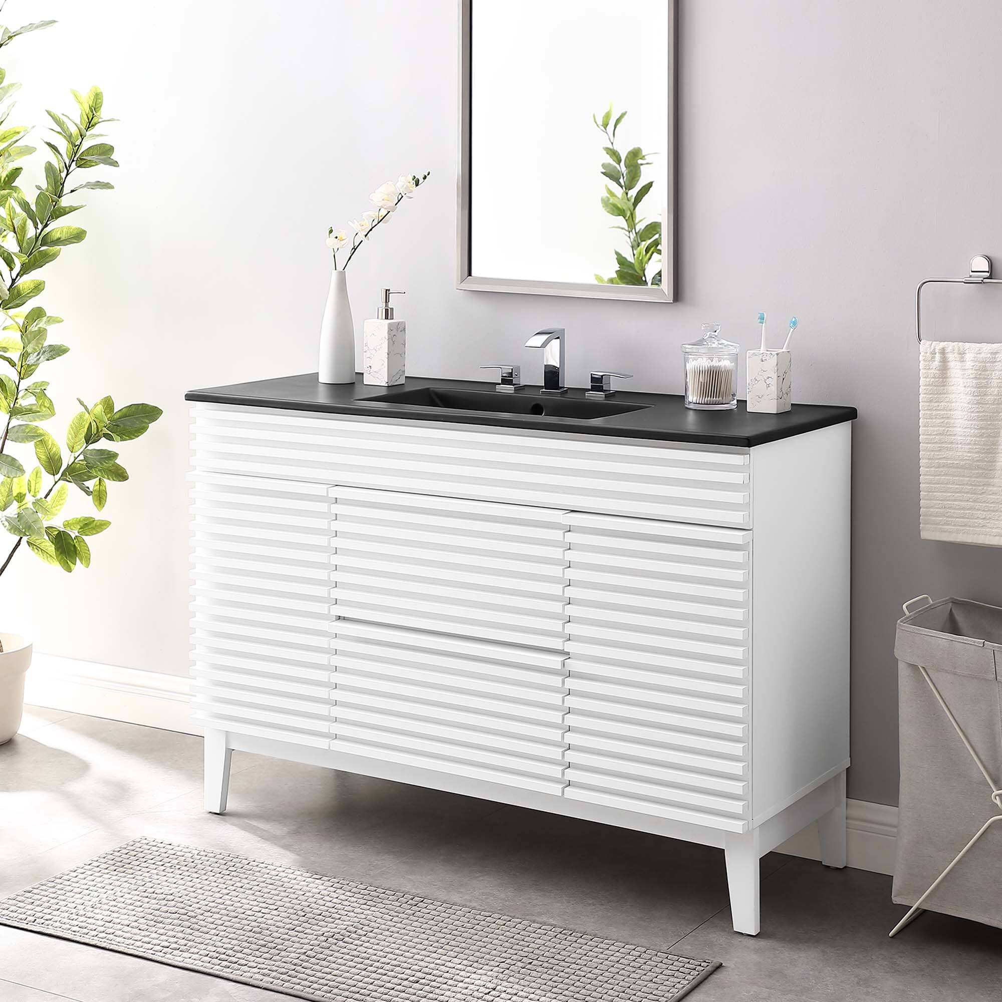 Modway Render 48" Bathroom Vanity with Black Basin Included White Black ...