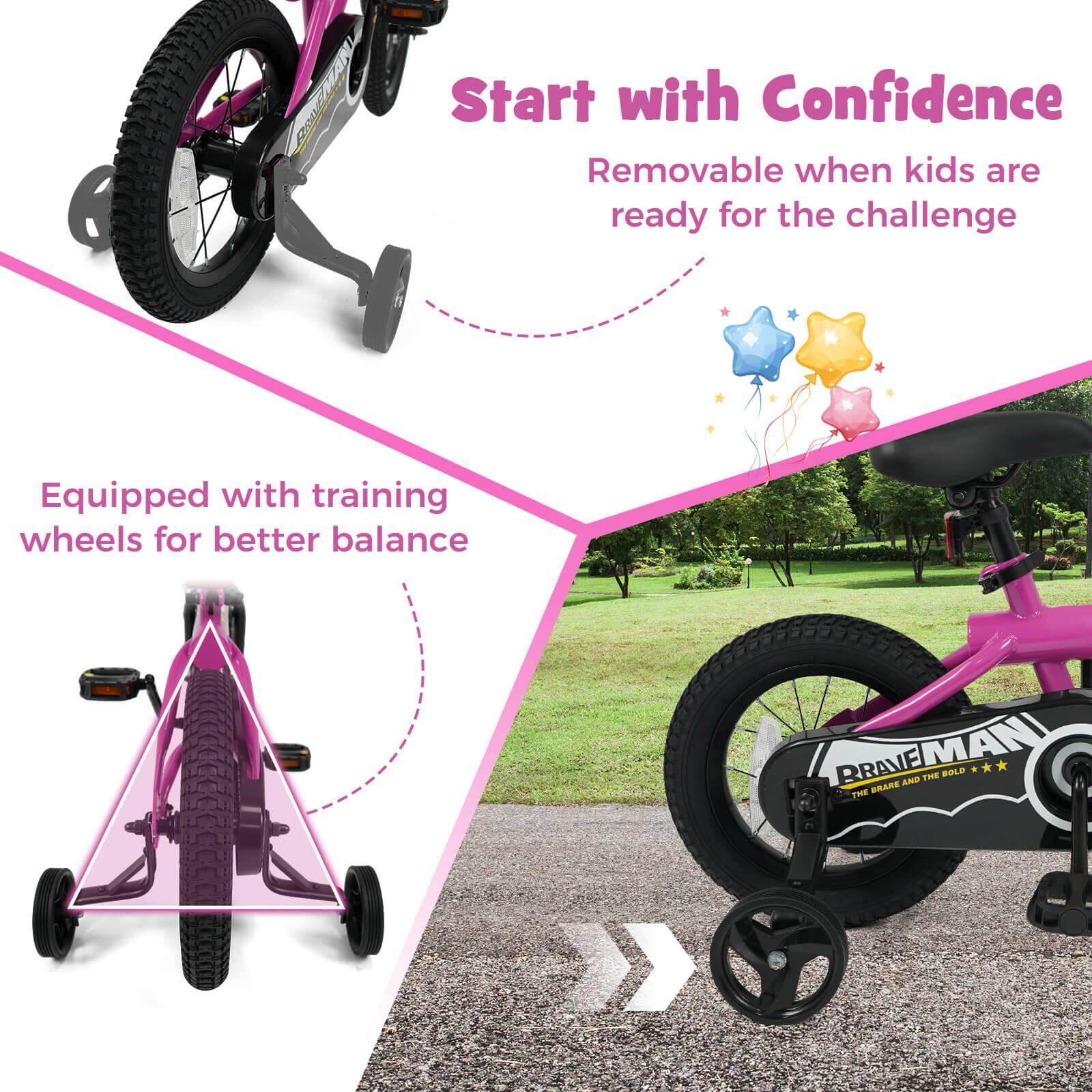 Costway Kids Bike, 12 Inch Bicycle for Children with Removable Training Wheels, Dual Brakes Pink ...