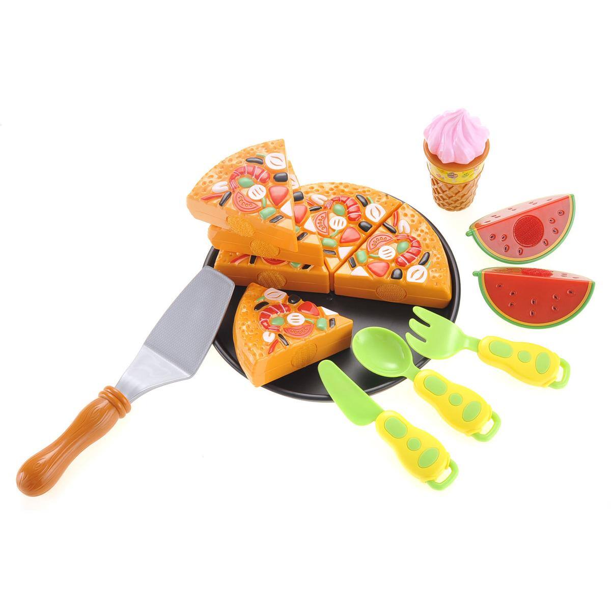 JuzToys Pretend Play Food Cutting Toy Set – Pizza Pan, Spatula, Ice ...