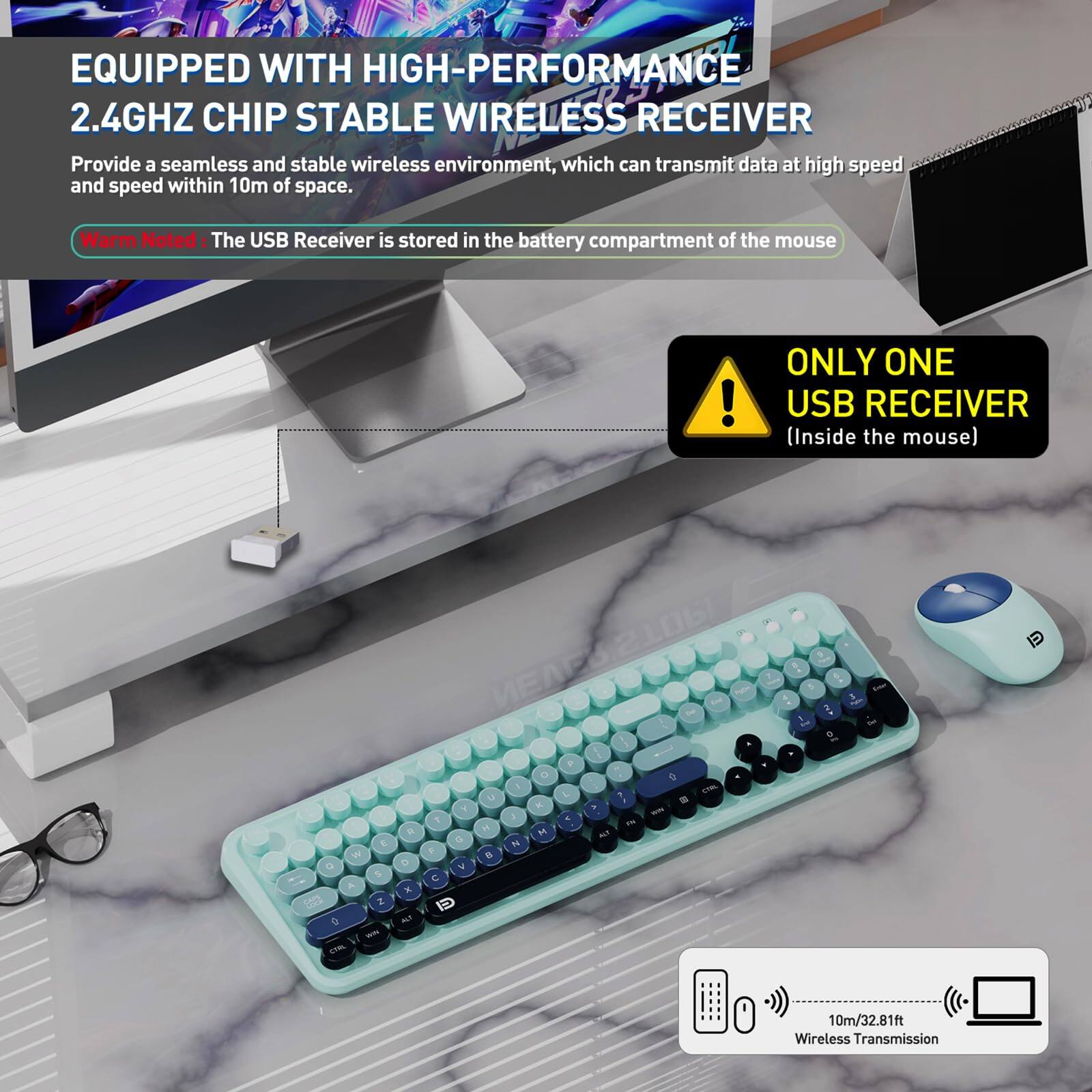 PO3TICJUNKI3 And Mouse Wireless Retro Typewriter Style Round Keycap ...