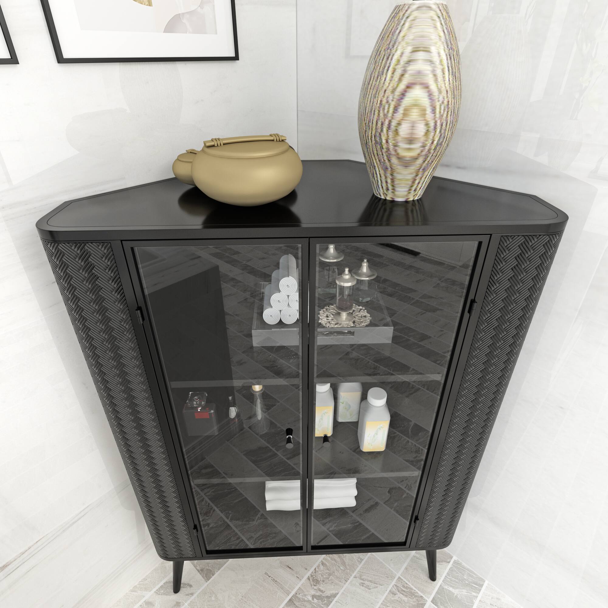 APRILSOUL Triangular Corner Glass Storage Cabinet Adjustable Shelf 90 ...