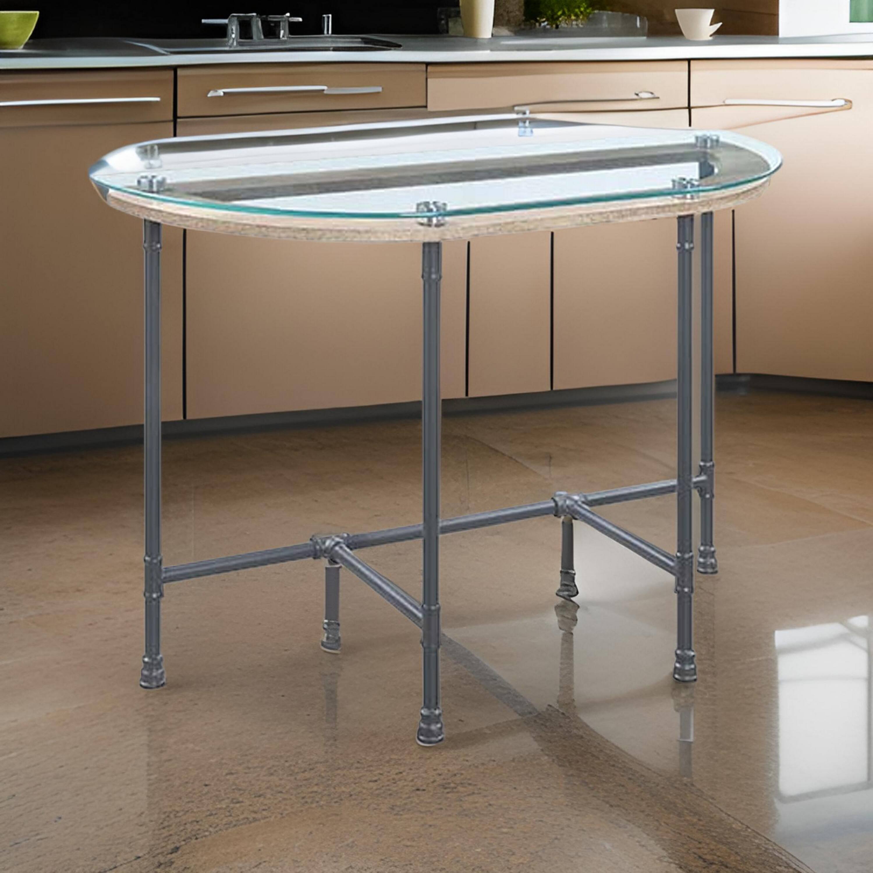 Manhattan Lane Wood Side Table, Oval Tempered Glass Top, Metal Pipe ...