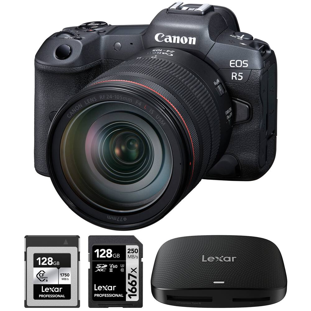 Canon EOS R5 Camera w/ 24 105mm Lens + 128GB CFexpress Card + 128GB ...