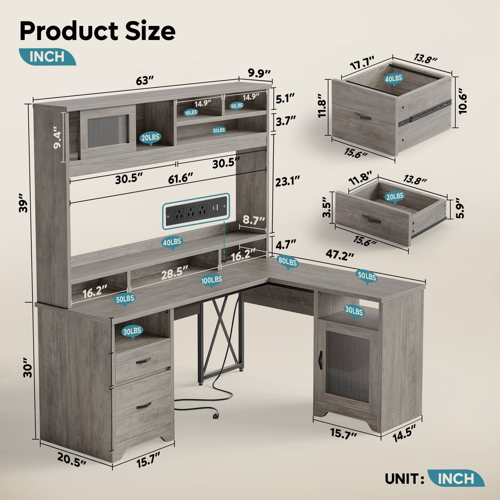 Bestier 63 inch Hutch L Shaped Desk with Monitor Stand & Drawers, LED ...