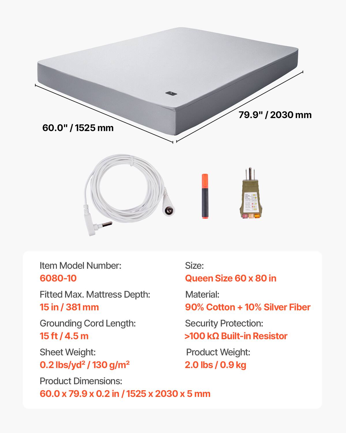 VEVOR Grounding Sheets, Queen Size, 90% Cotton + 10% Pure Silver Fiber, Earth Grounded Fitted ...