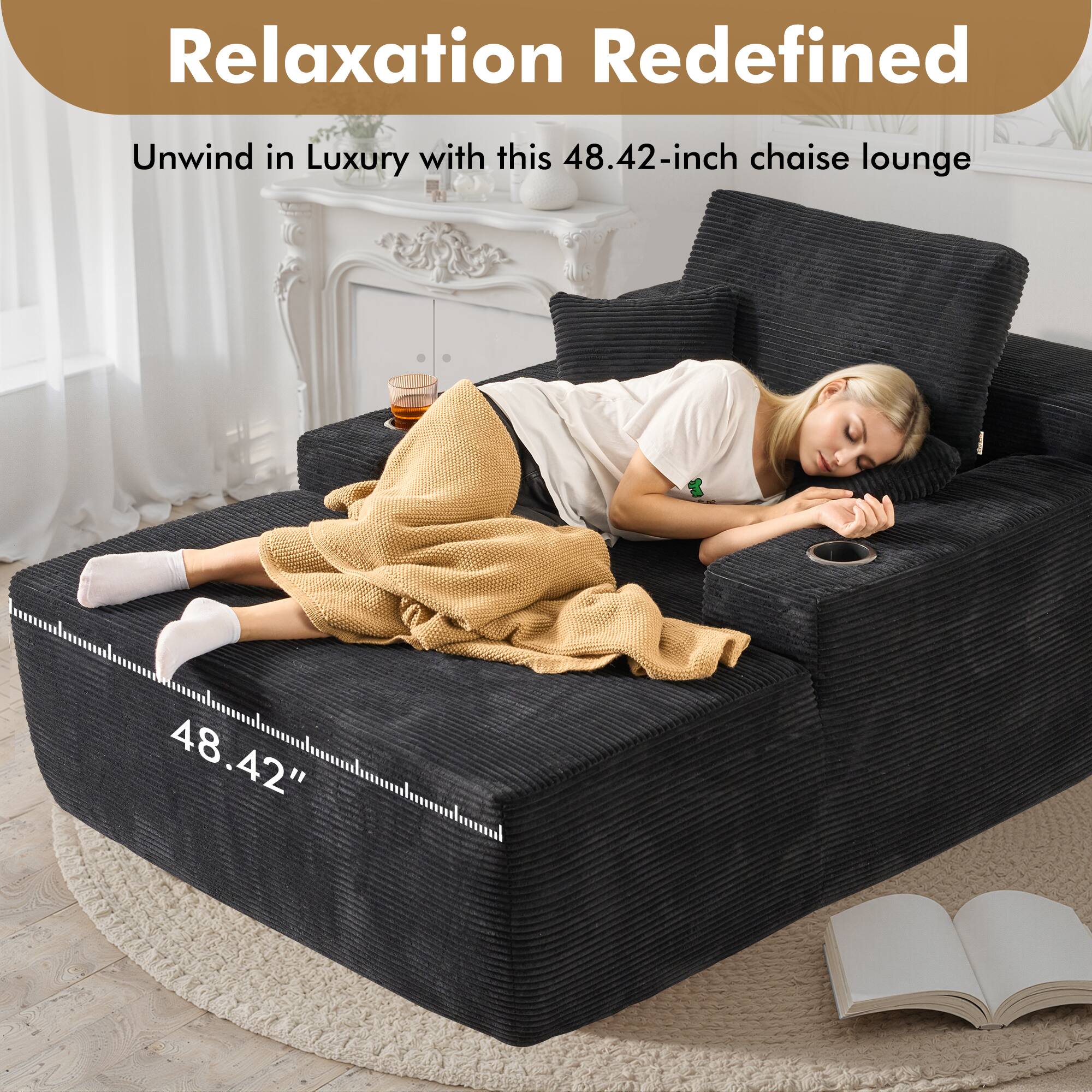 Ovios 67'' Fluffy Chaise Lounge Chair, Sofa Bed with Cup Holders ...