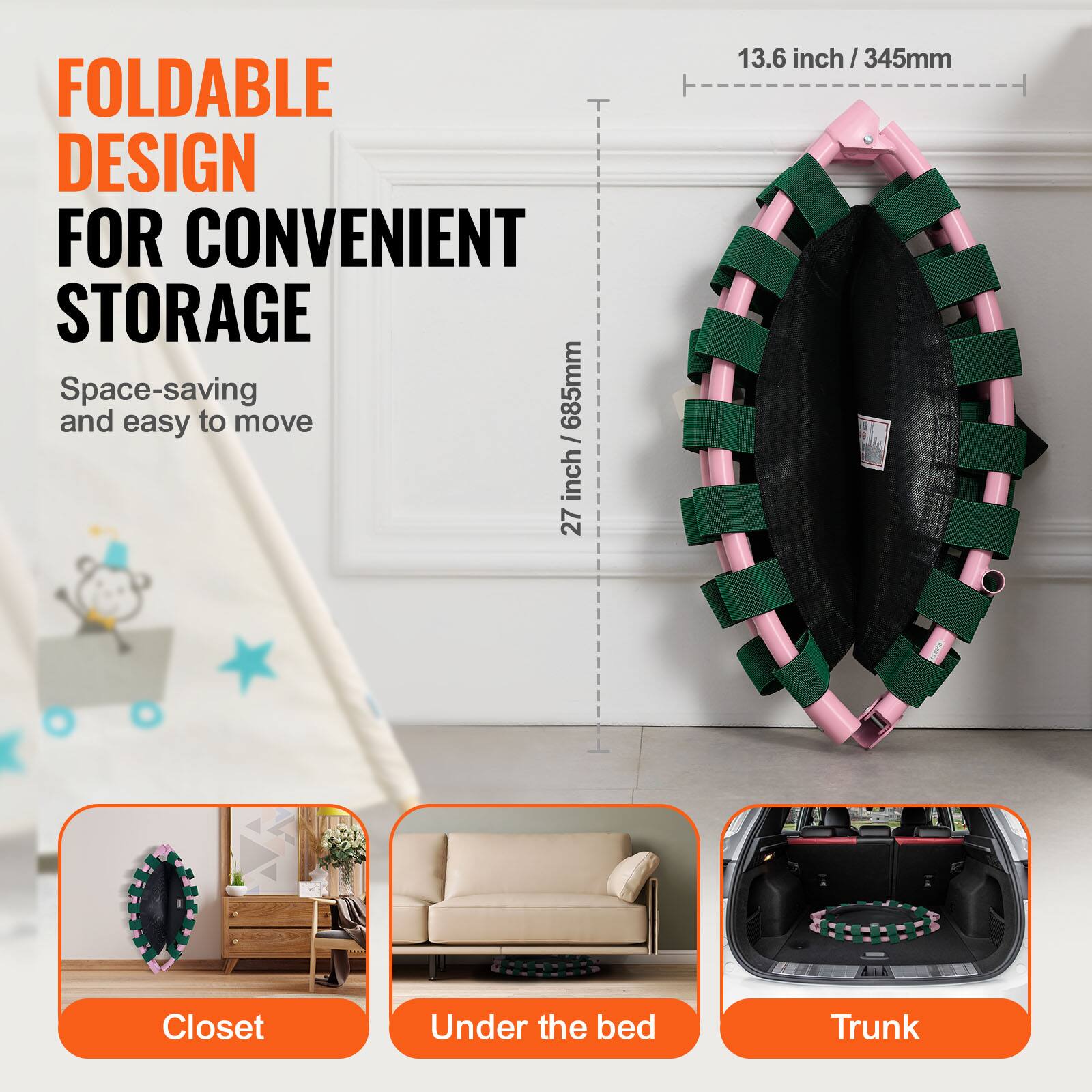 VEVOR 36" Kids Trampoline, 3FT Indoor Outdoor Trampoline, Foldable Mini ...