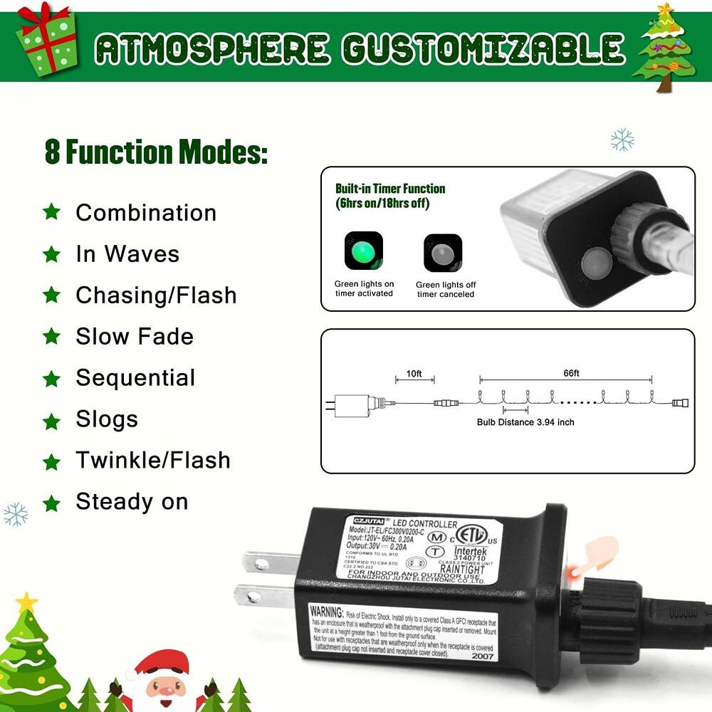 RTMB 200 LED white Christmas lights outside, 66 foot green wire ...