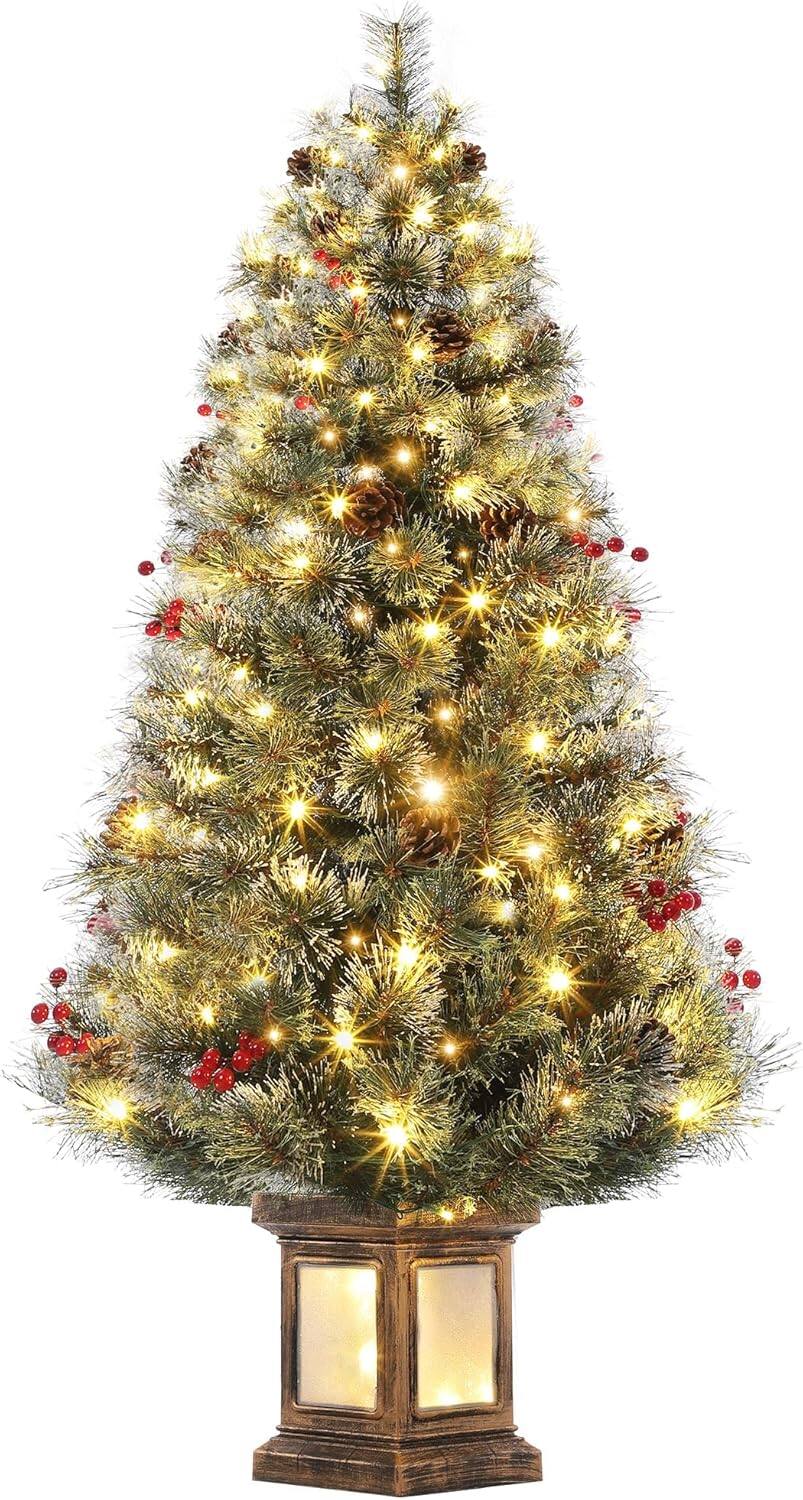 Qeetex 4.5FT Flocked Christmas Tree with Berry Clusters and Potted Base ...