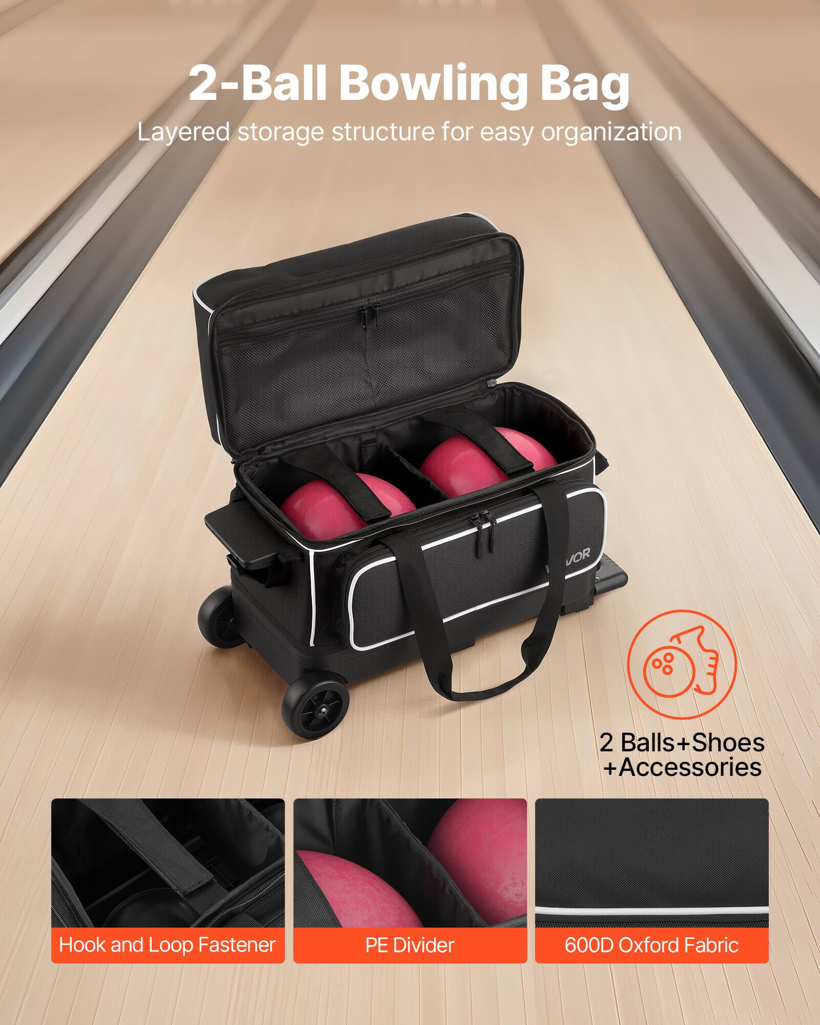 VEVOR Bowling Ball Bag, 2 Ball Double Roller Bowling Bag with Wheels ...
