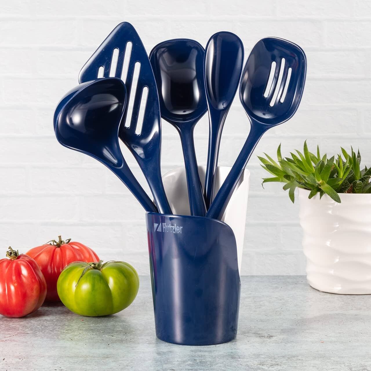 Hutzler 6 piece Melamine Cooking Utensils Set and Storage Crock Blue ...