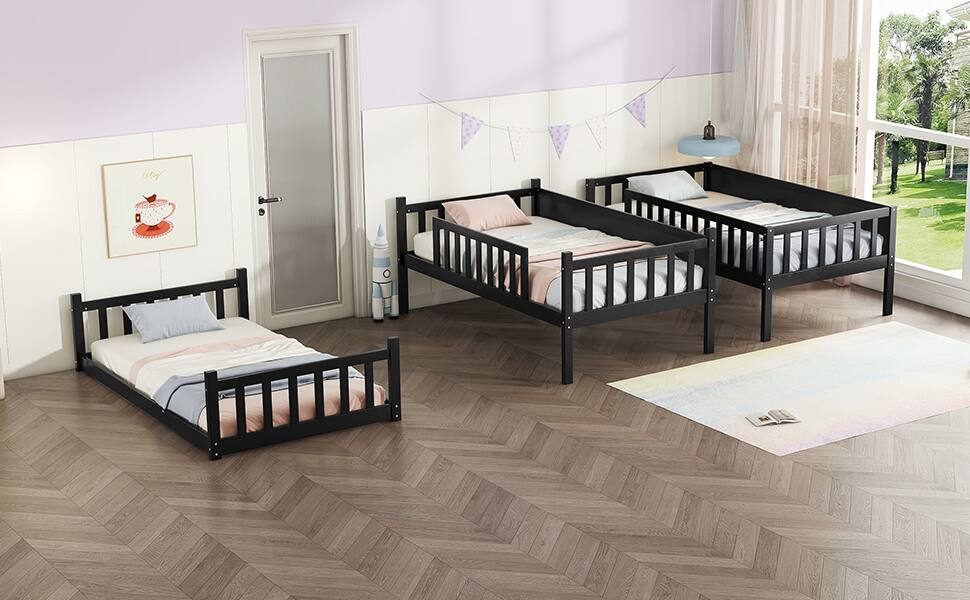 TinyHomie Twin Size Triple Rubber Wood Bunk Bed Ladders Guardrails ...