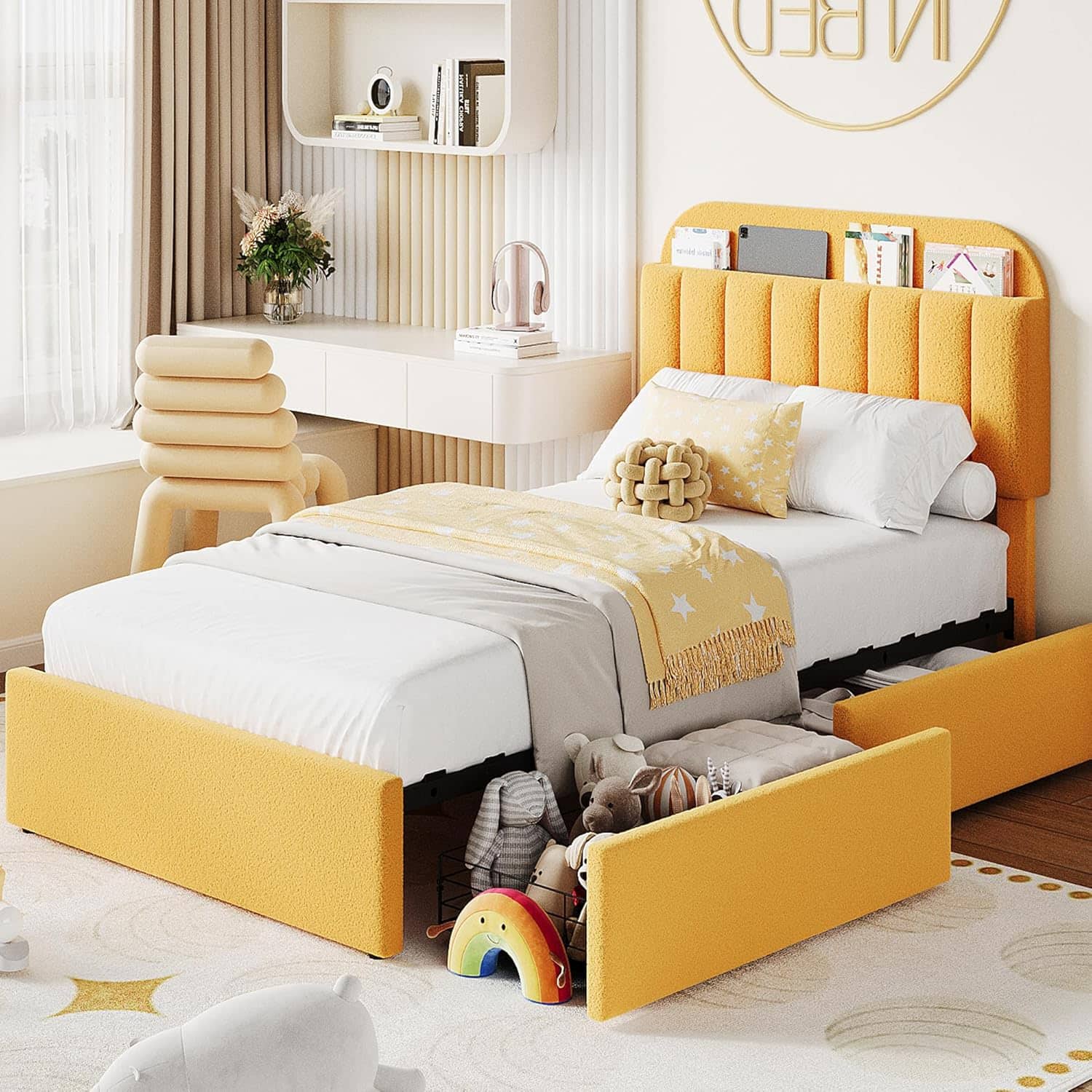 GARVEE - Twin Size Boucle Upholstered with 2 Storage Drawers & Bookcase ...