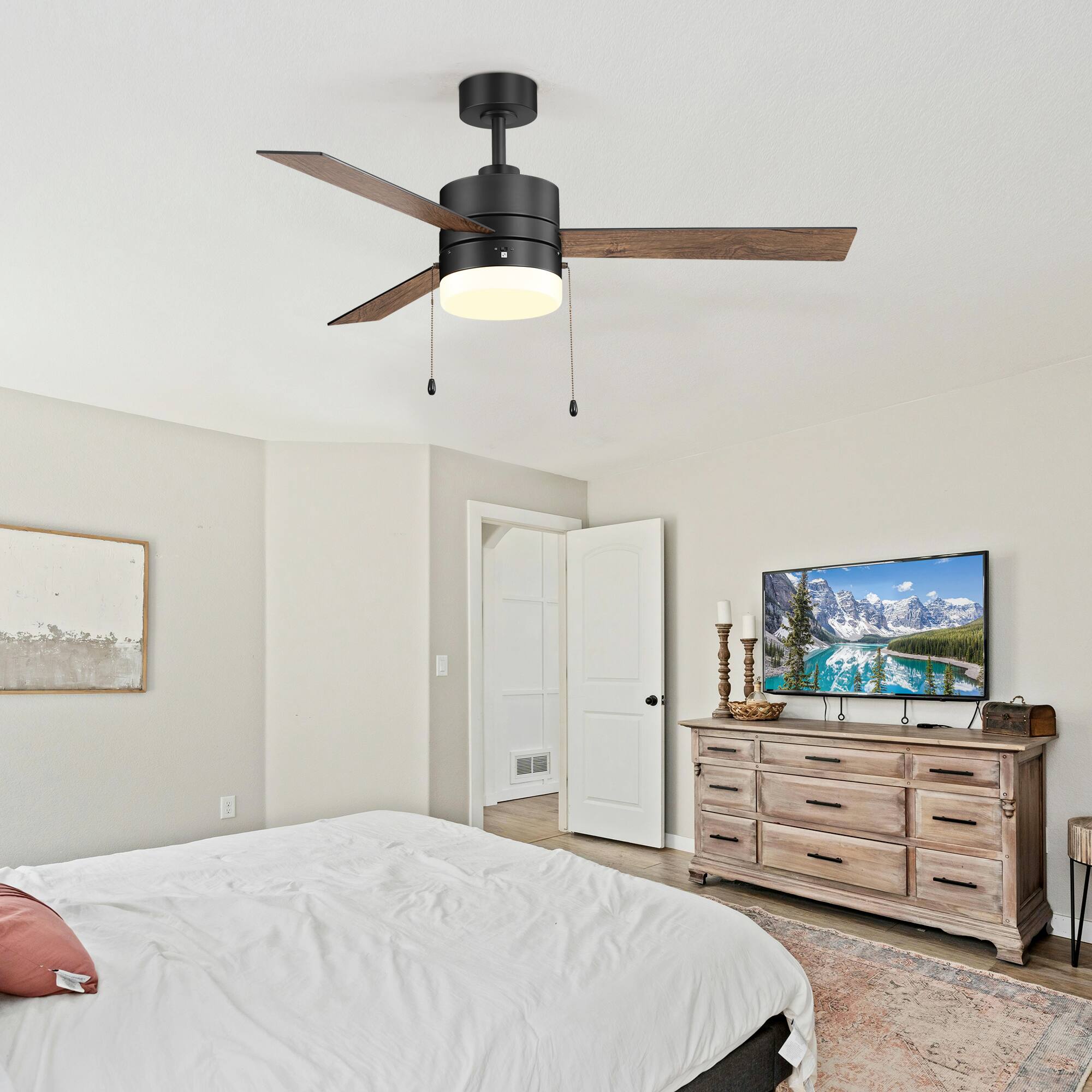 Breezary 52" Indoor Large Ceiling Fan with Led Light and Pull Chain, 3 ...