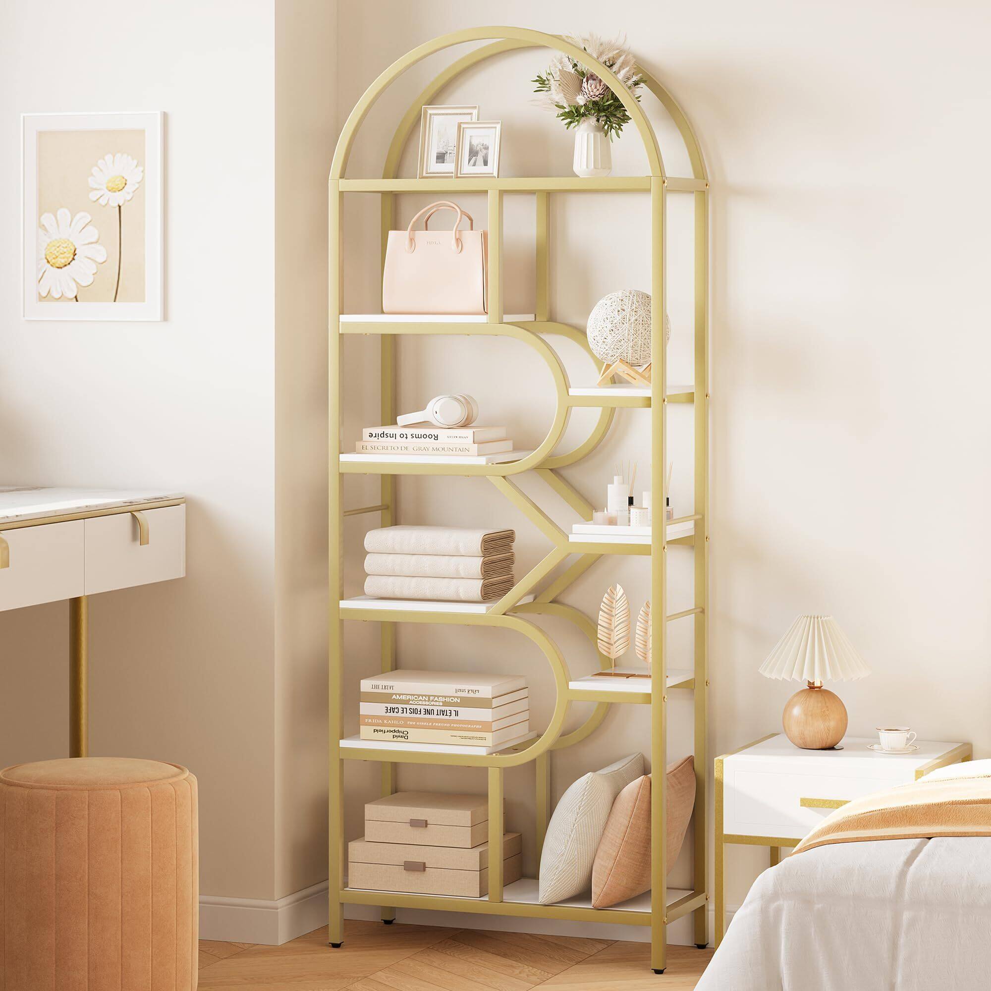 Babevy 6 Tier Arched Metal Frame Bookshelf, Black&Brown Open Storage ...