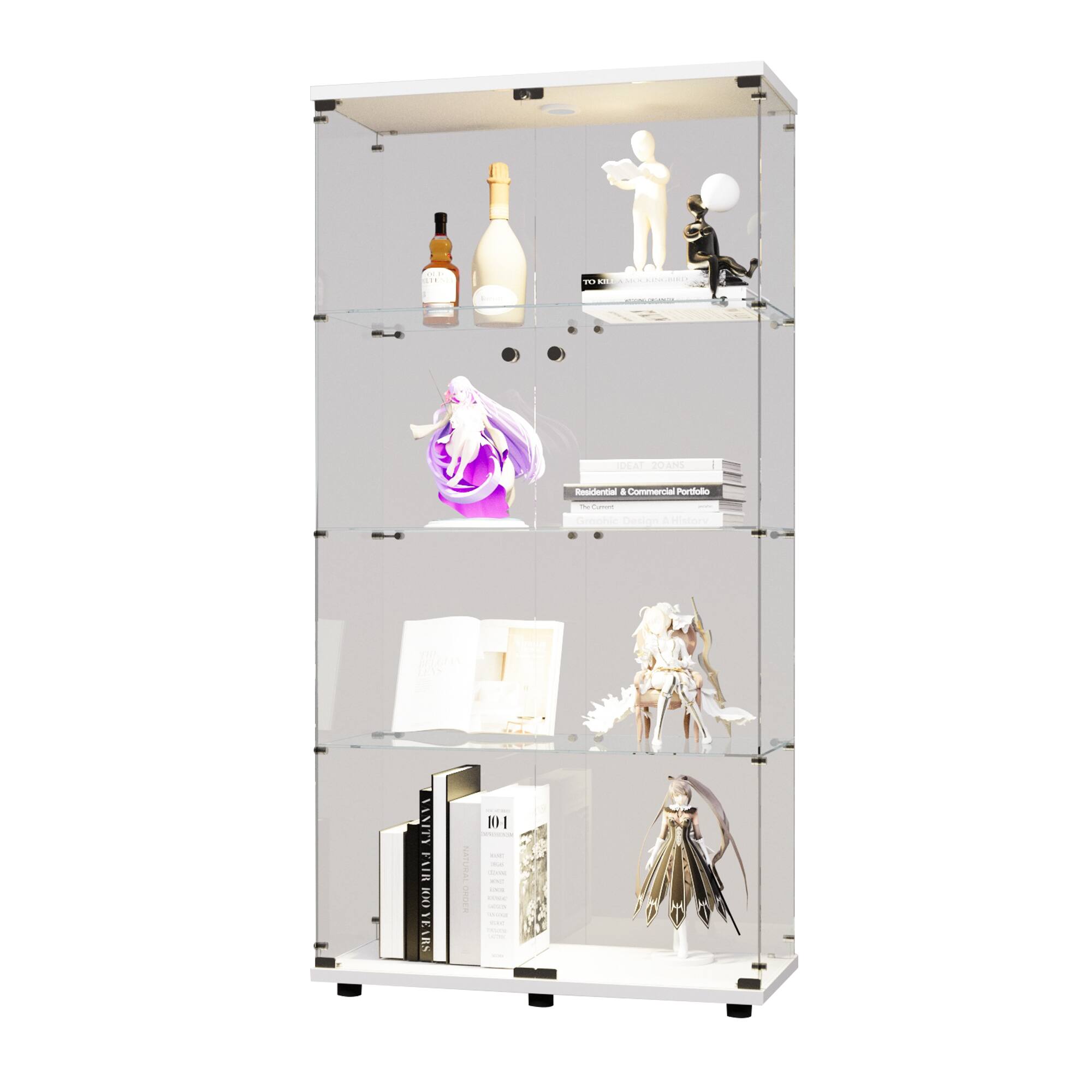 GOODSILO LED Glass Display Cabinet 4 Shelves, 2 Doors, Freestanding ...