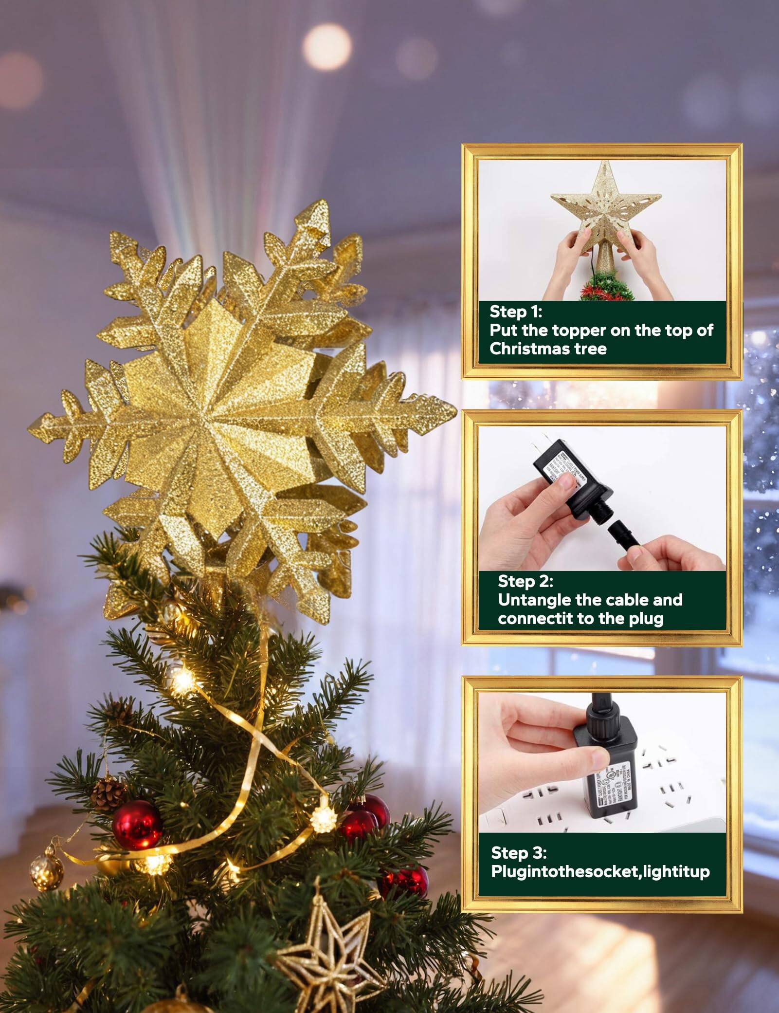 PARKER SLATER Christmas Tree Topper Lighted With Golden Snowflake ...