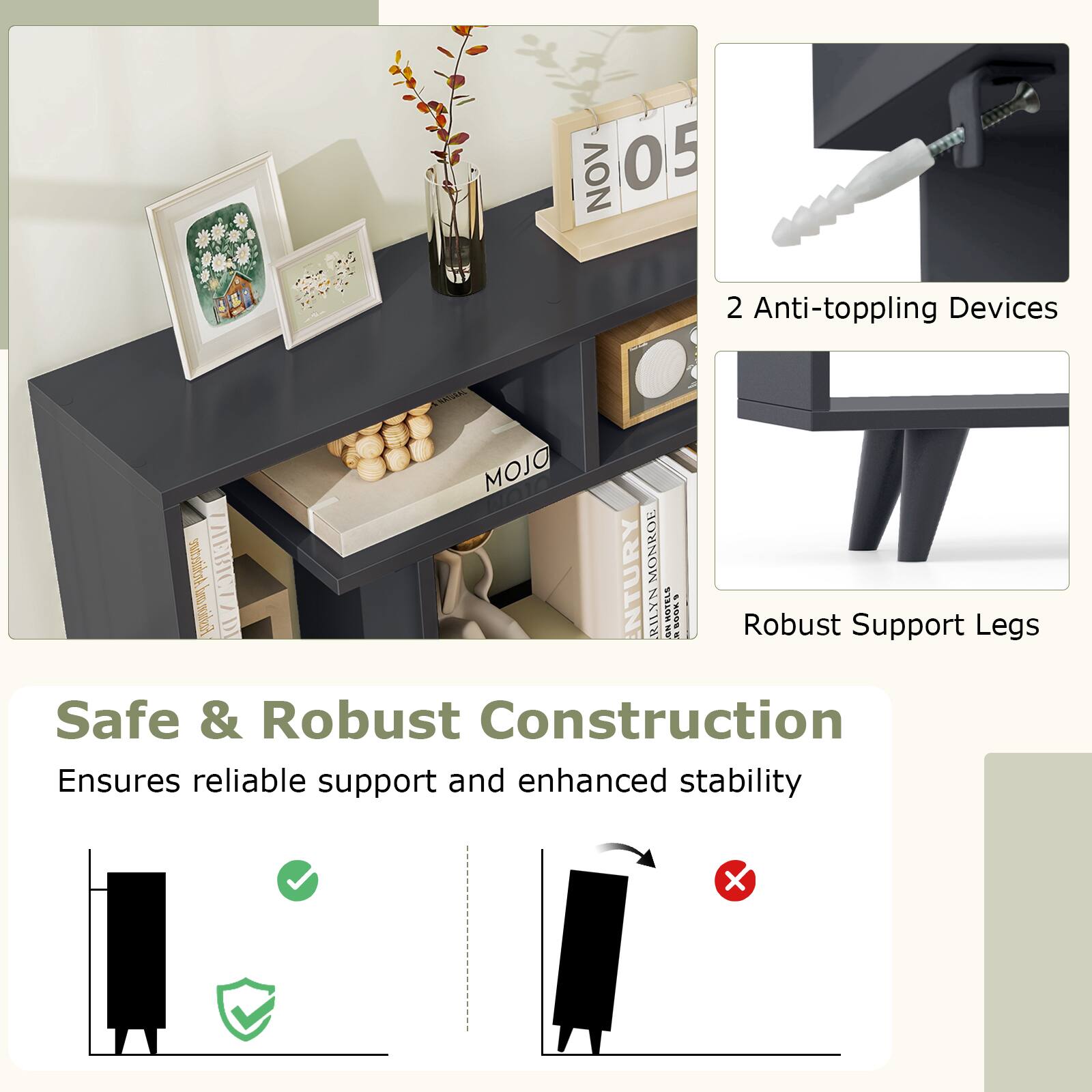 SlickBlue Geometric Bookshelf with Open Storage Shelves and Anti ...