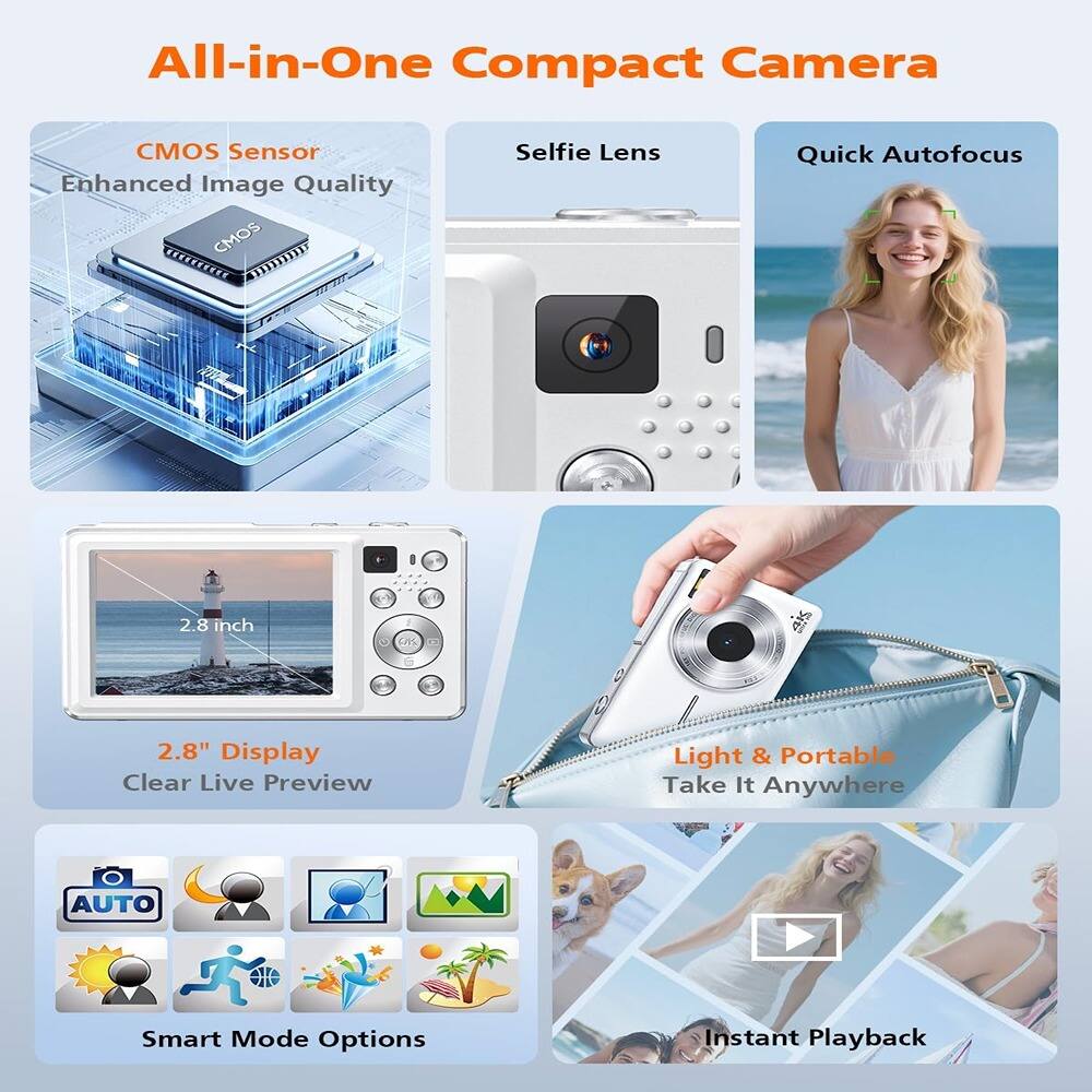 ACJPR 4K Digital Camera, 64MP, 16X Zoom, Autofocus, 32GB Card, White ...