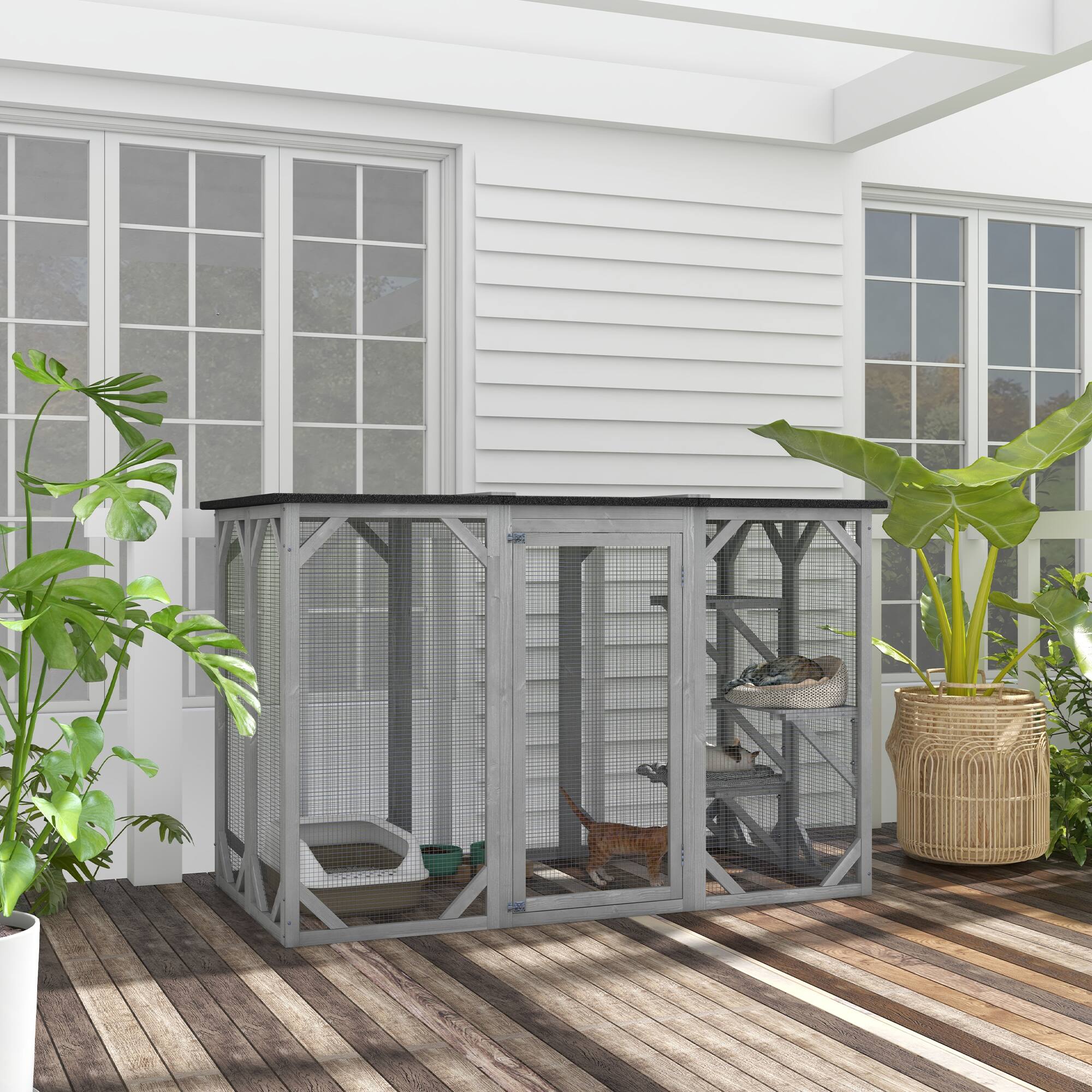 Pawhut Outdoor Cat House, Catio Wooden Feral Shelter, Cage with ...