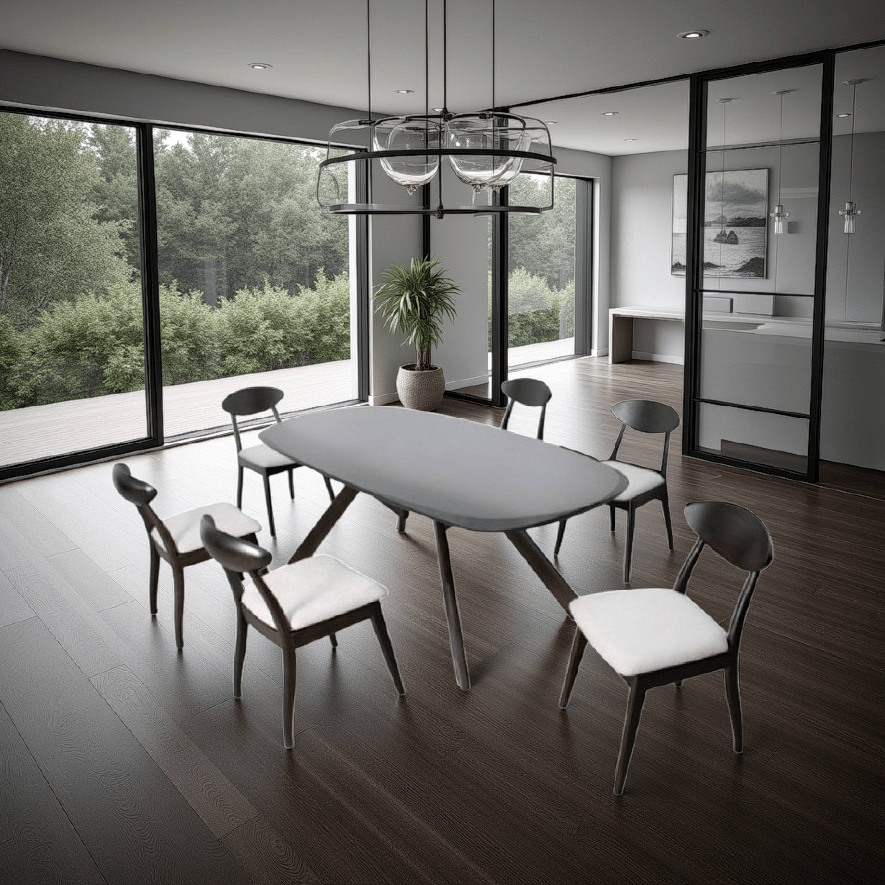 Manhattan Lane Ziva 7pc Dining Table Set, 6 Fabric Chairs, 3D Cut Edges, Black Wood Black Wenge ...