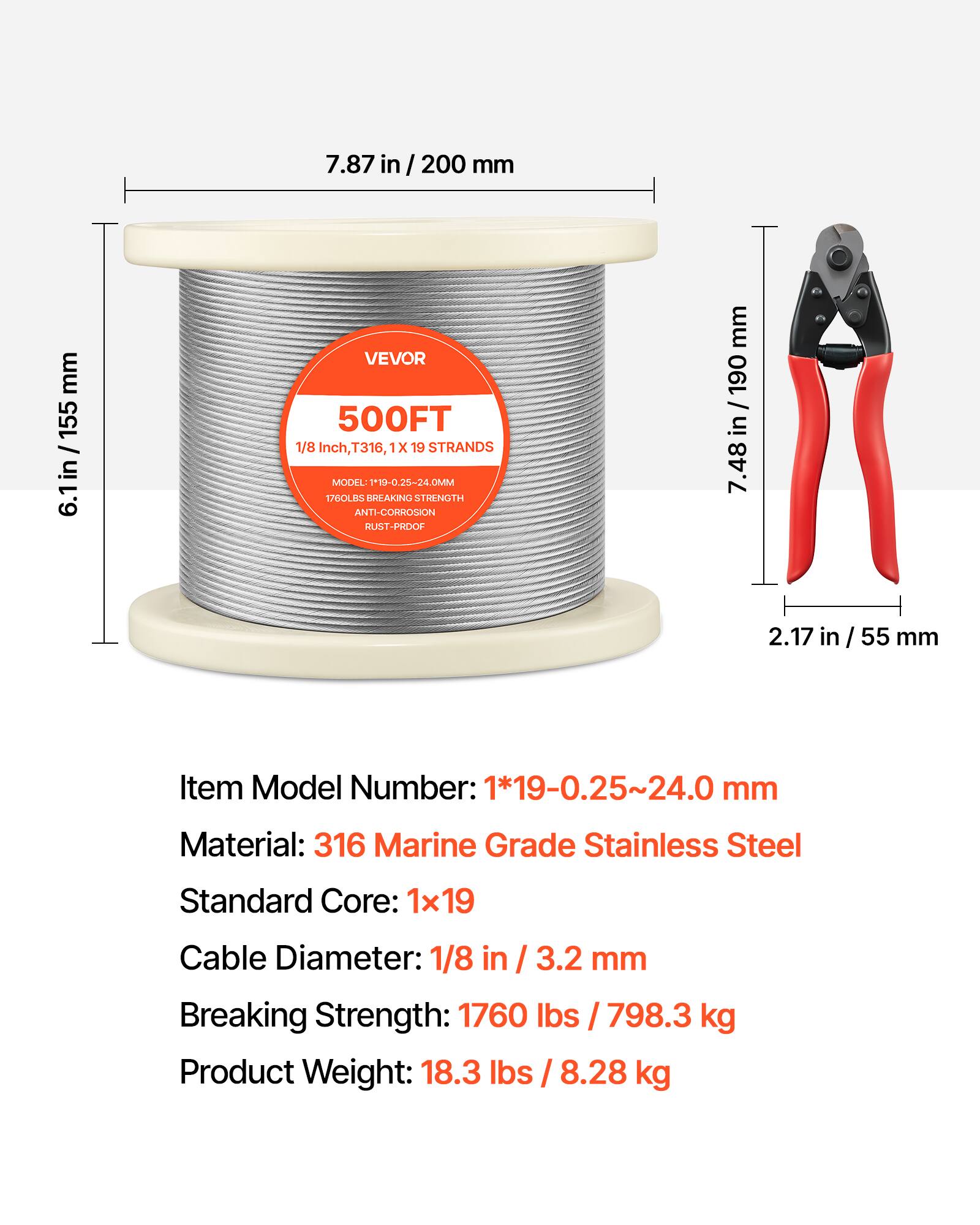 VEVOR 1/8 Inch Wire Rope, 500 ft Length, 316 Stainless Steel Wire Cable ...