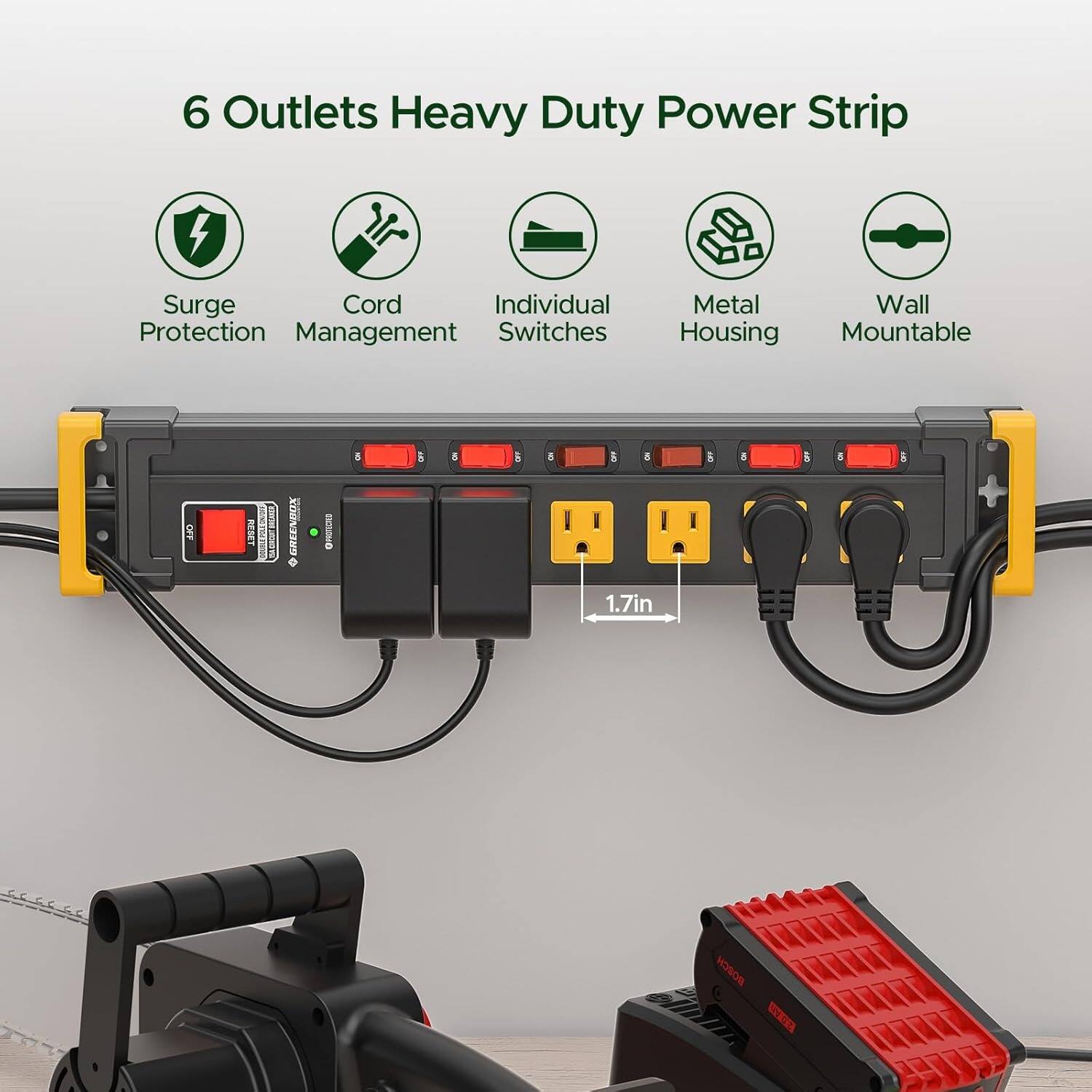 PARKER SLATER Heavy Duty Power Strip with 6 Outlets, Individual ...