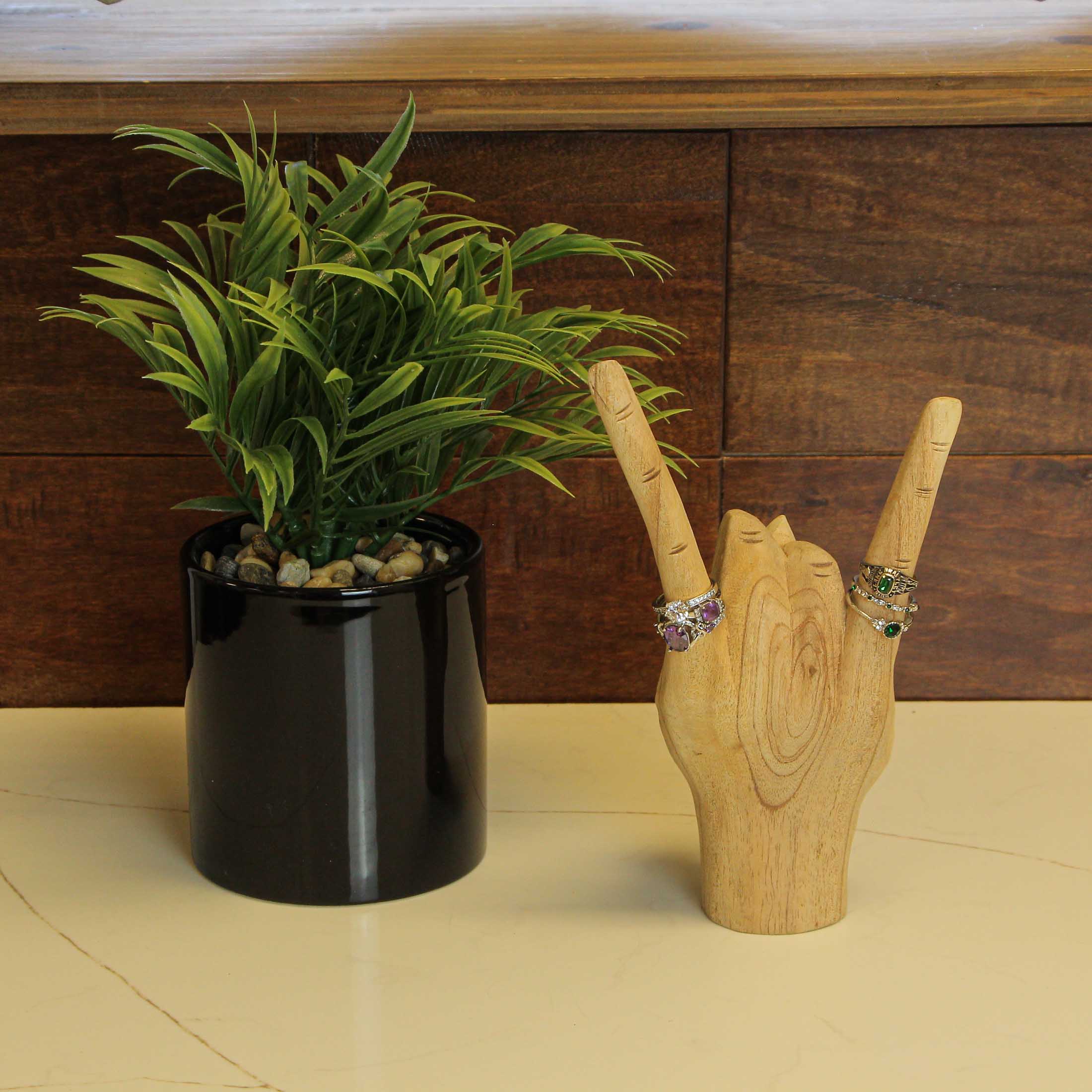 Zeckos Carved Wooden Rock On Devil Horns Hand Gesture Statue Natural ...