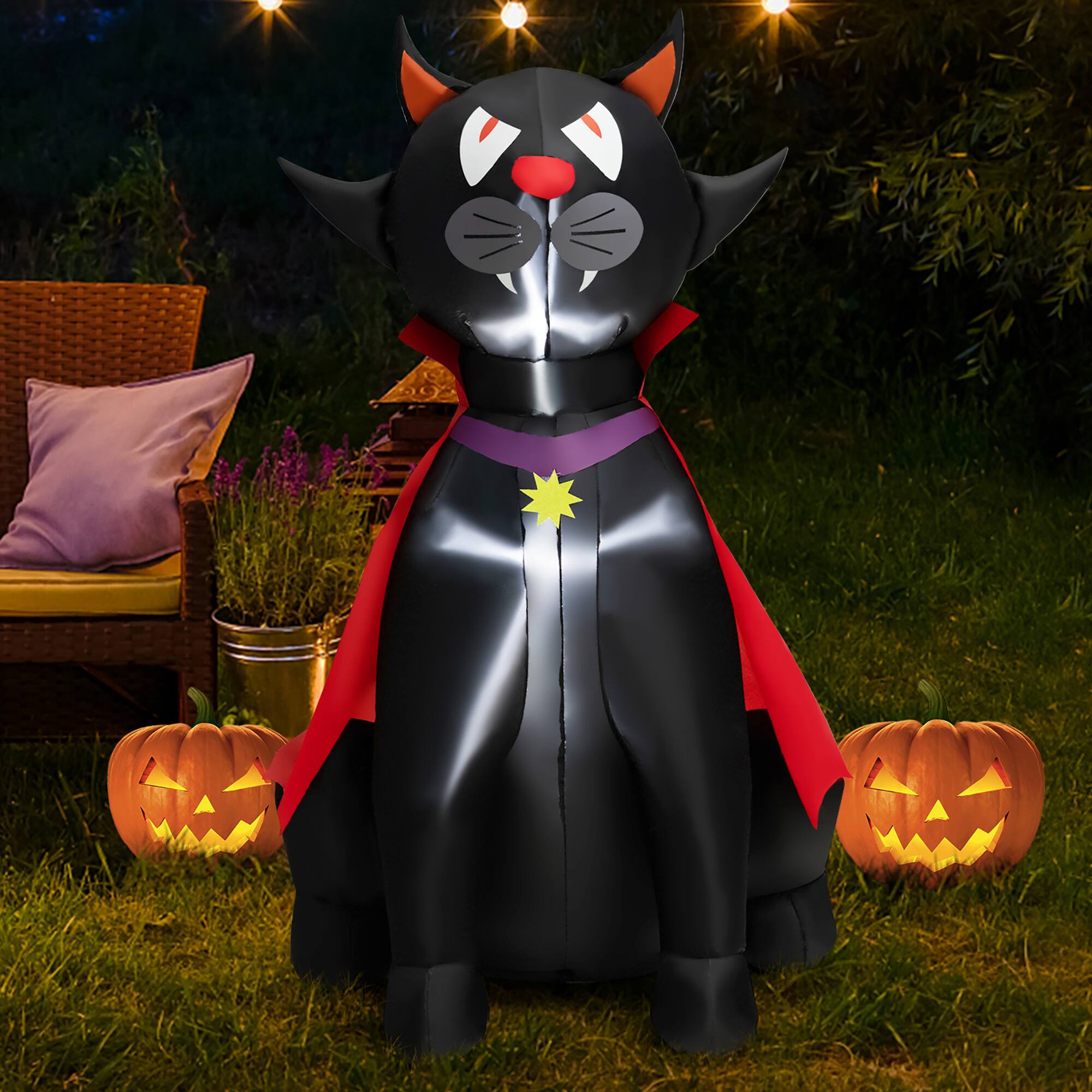 Costway 4.7FT Halloween Inflatable Vampire Black Cat with Red Cloak Blow up Decoration Black,Red ...