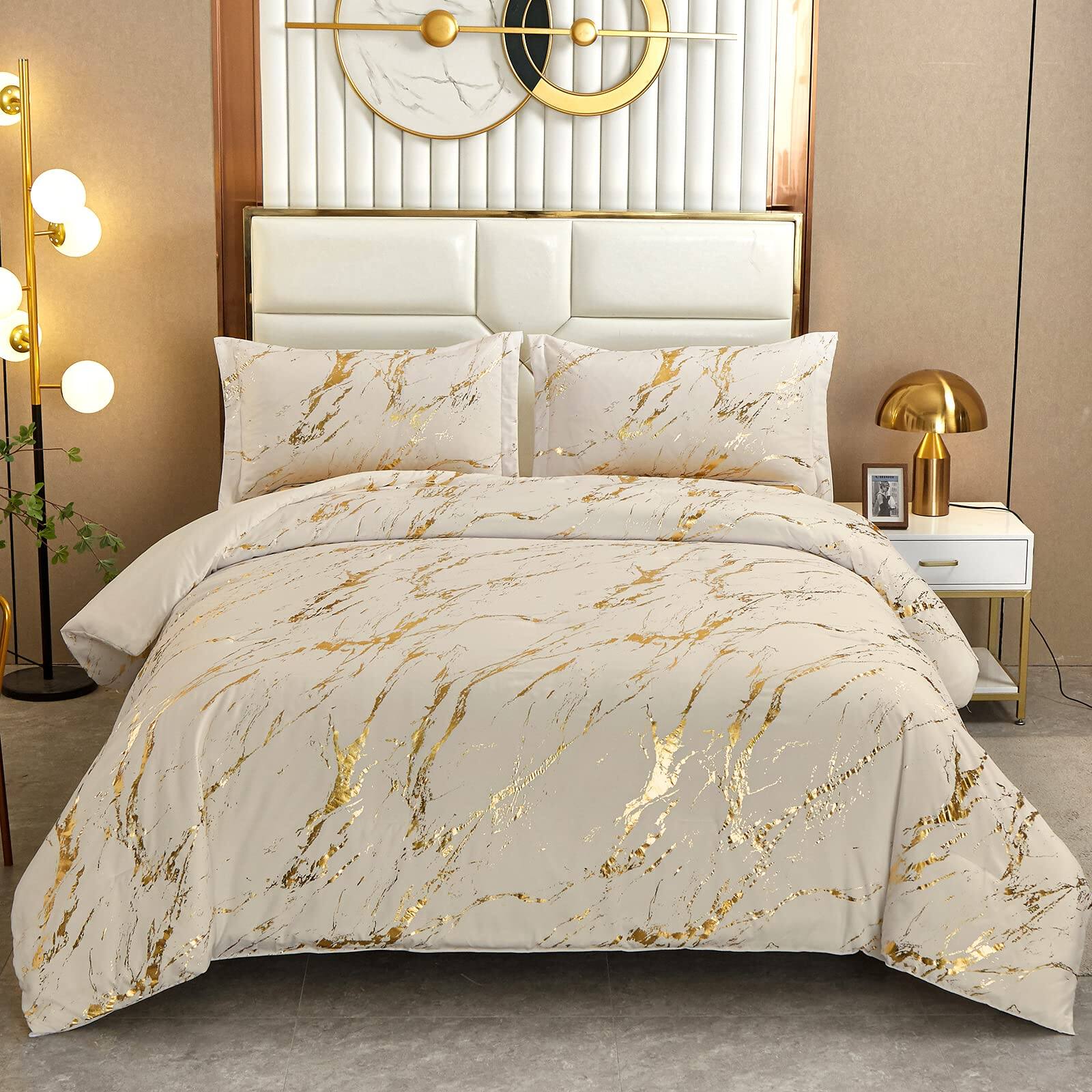 Cedar Assembly Metallic Marble Comforter Set Queen Foil Print Glitter ...