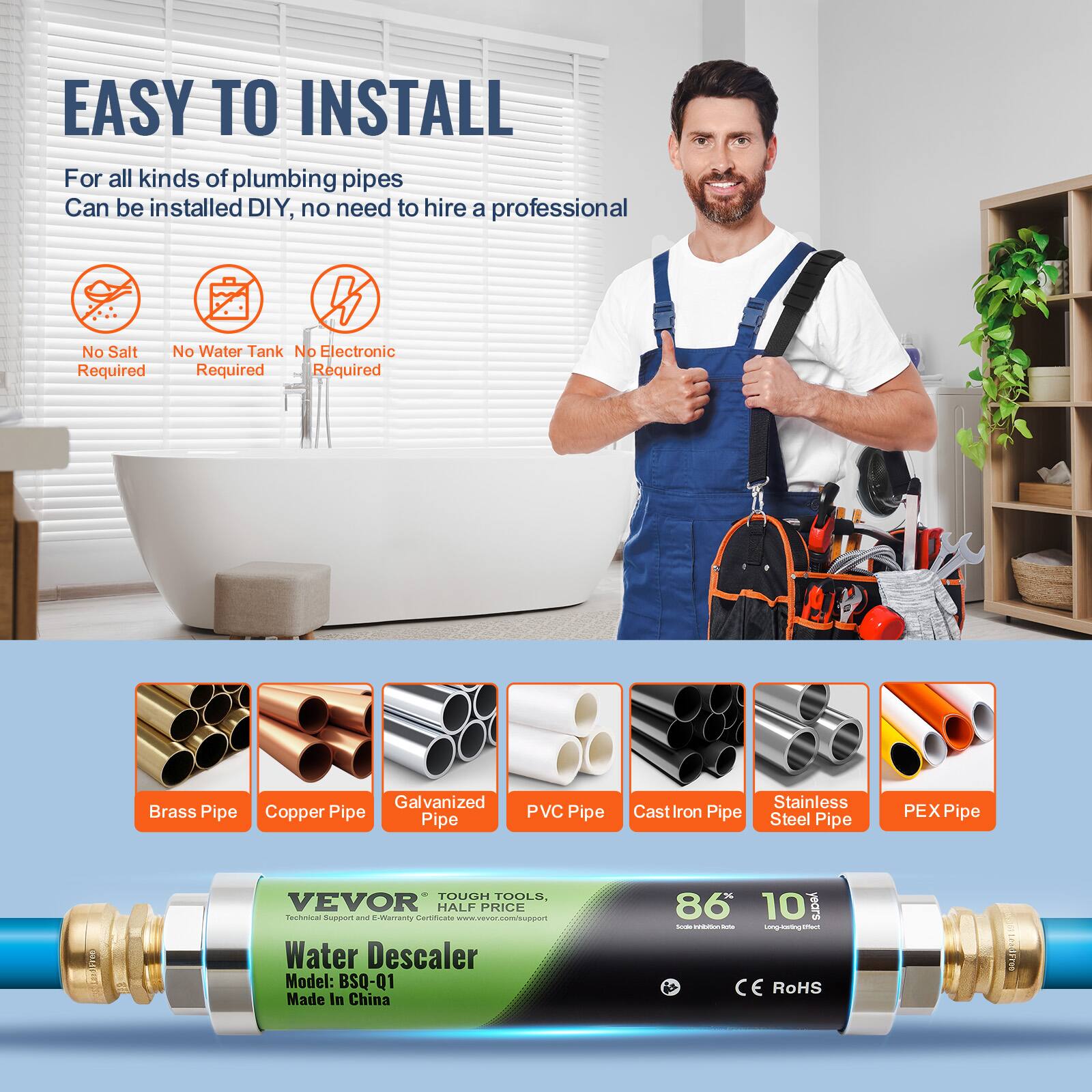 VEVOR Whole House Salt Free Descaler, Physical Scale Descaler for City ...