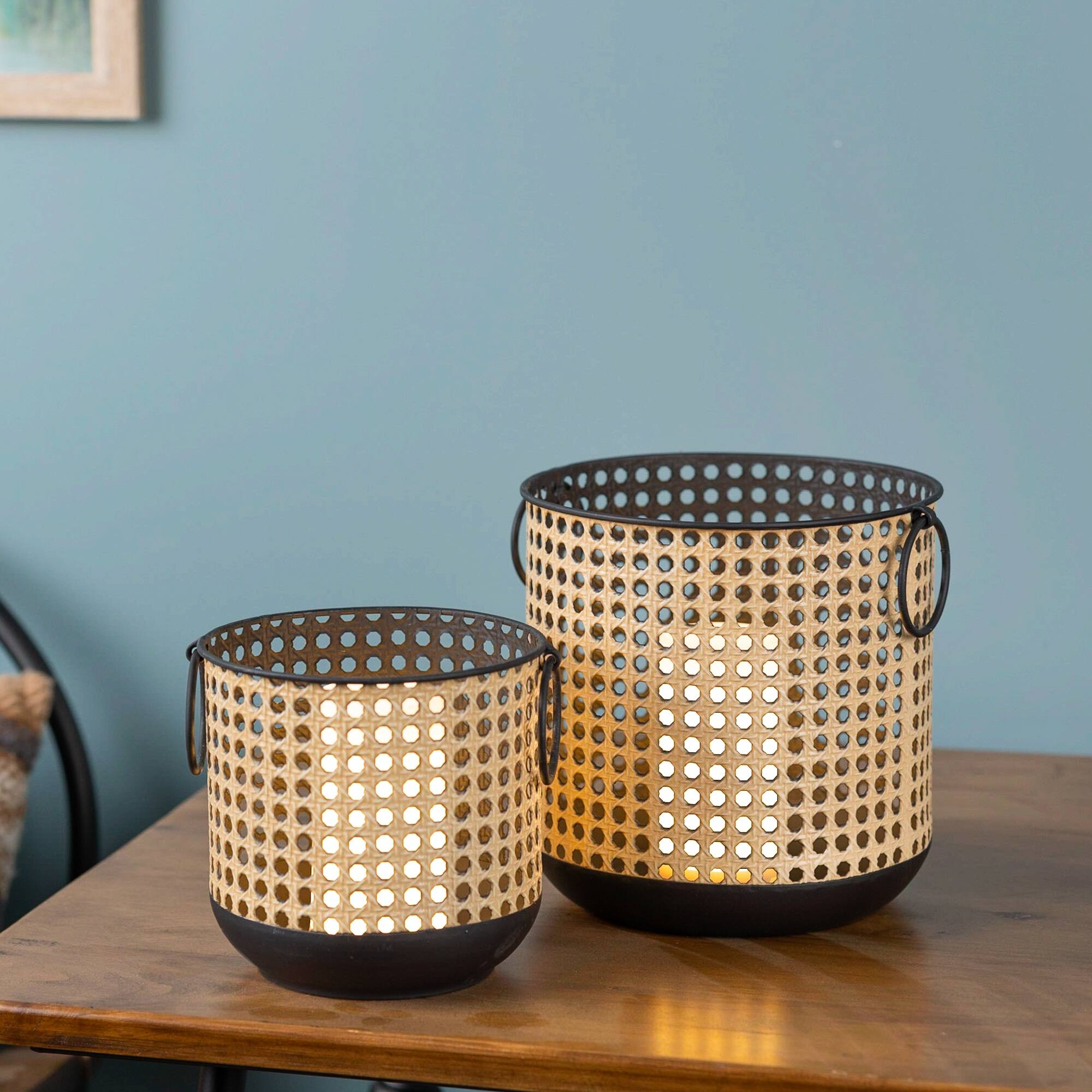BreeBe Punched Metal Candle Holder with Rattan Design (Set of 2) Black ...