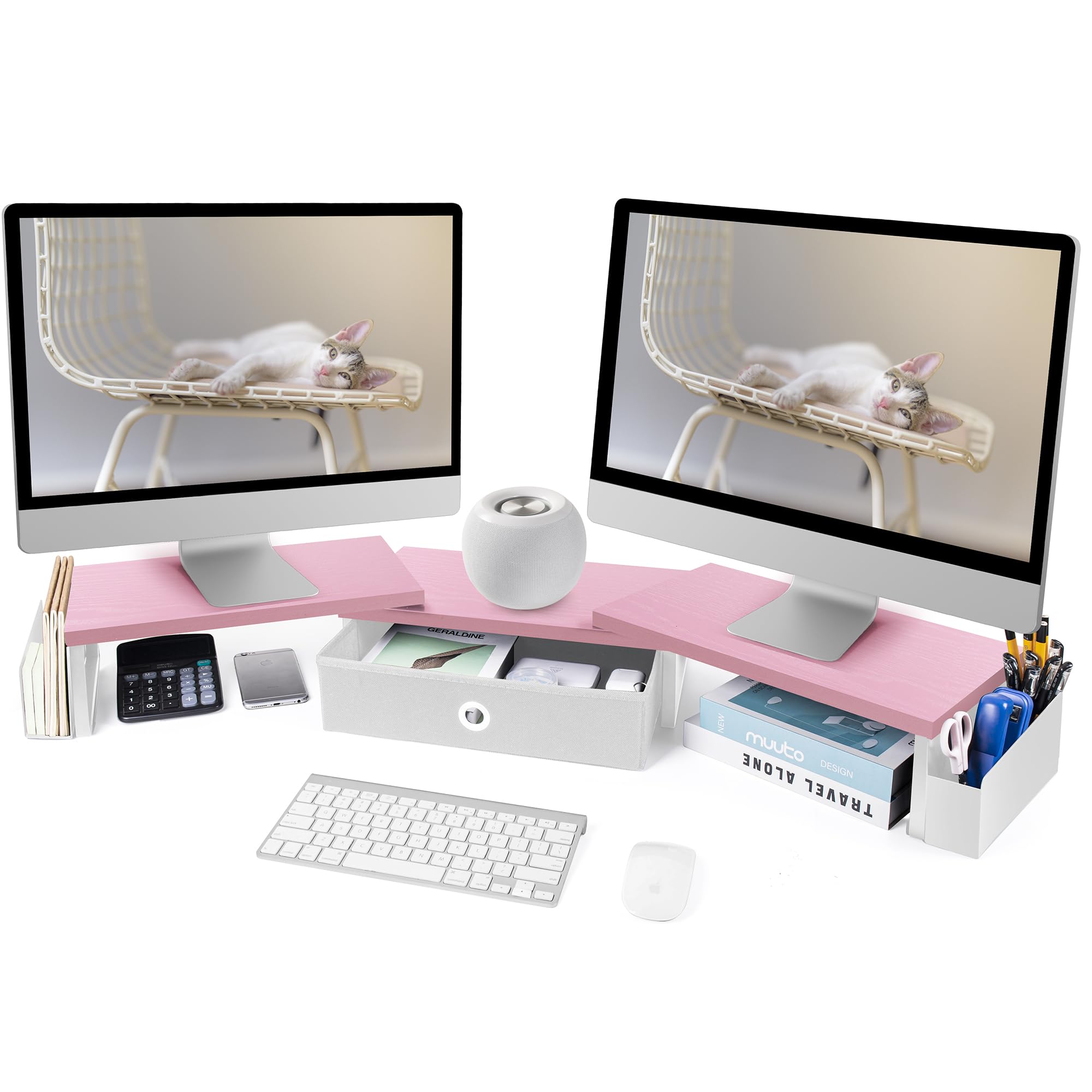 Cedar Assembly Dual Monitor Stand Riser With Drawer & Metal Leg Large ...